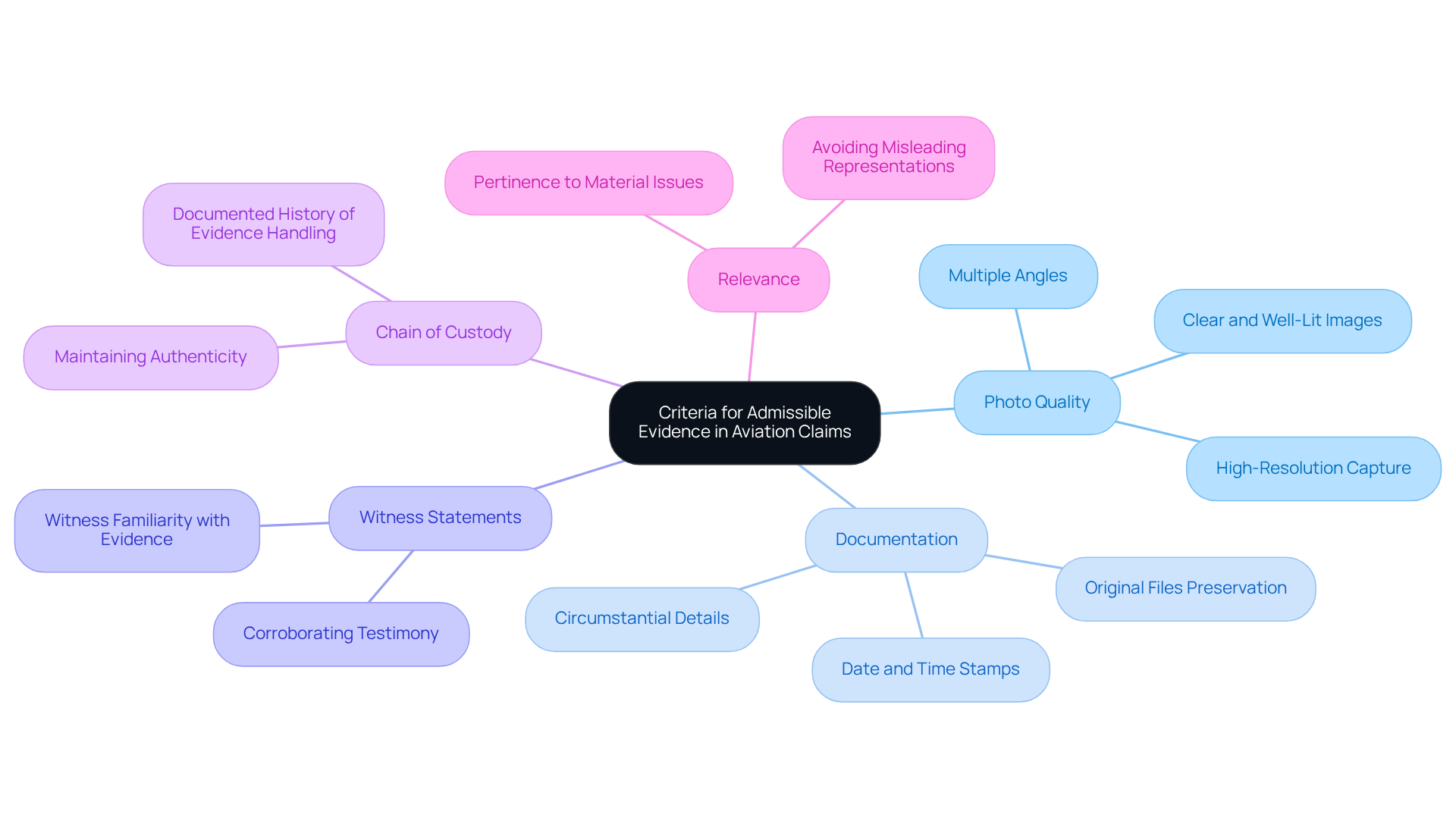 The central node represents the main topic, while the branches show different criteria that must be met for photographic evidence to be admissible in court. Each sub-point provides additional details to help clarify the requirements.
