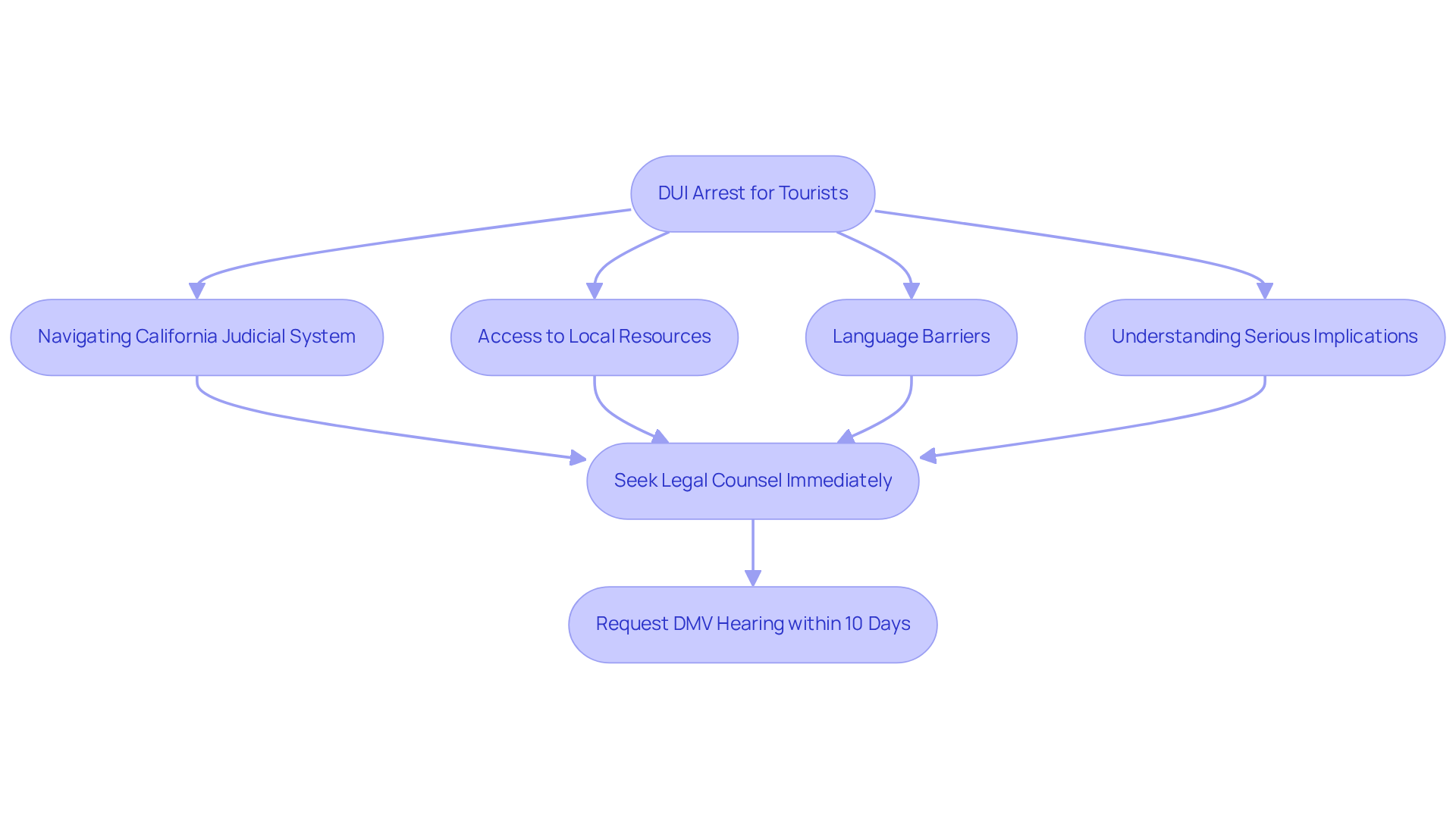 This flowchart outlines the challenges tourists face after a DUI arrest and the steps they should take. Start at the top with the DUI arrest, then follow the arrows to see the challenges and necessary actions. Each box represents a key point in the process, helping you understand what to do next.