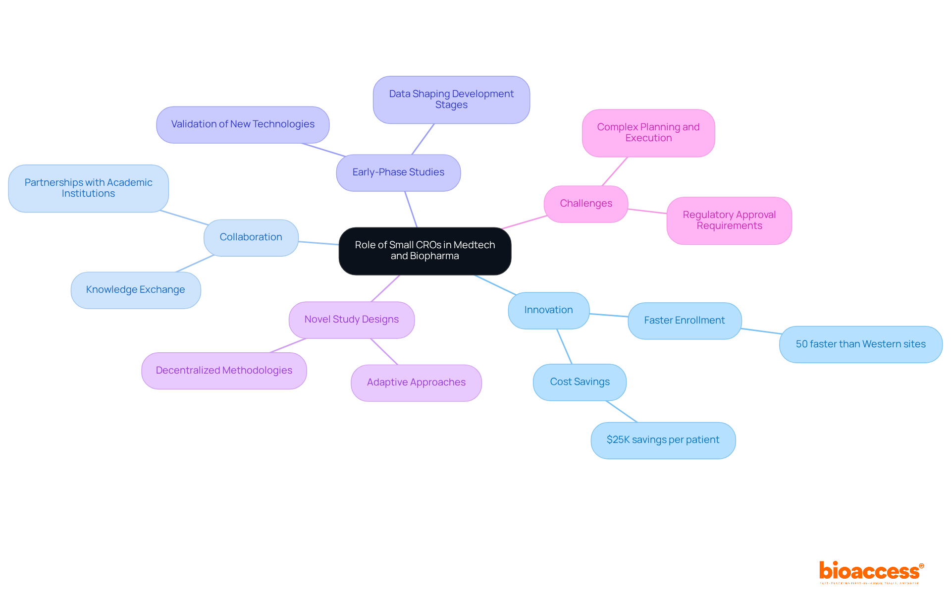 The center node represents small CROs' role, while branches show their contributions and impacts in innovation, collaboration, and methodology. Each sub-point under a branch highlights specific examples or outcomes, making it easier to grasp their significance.