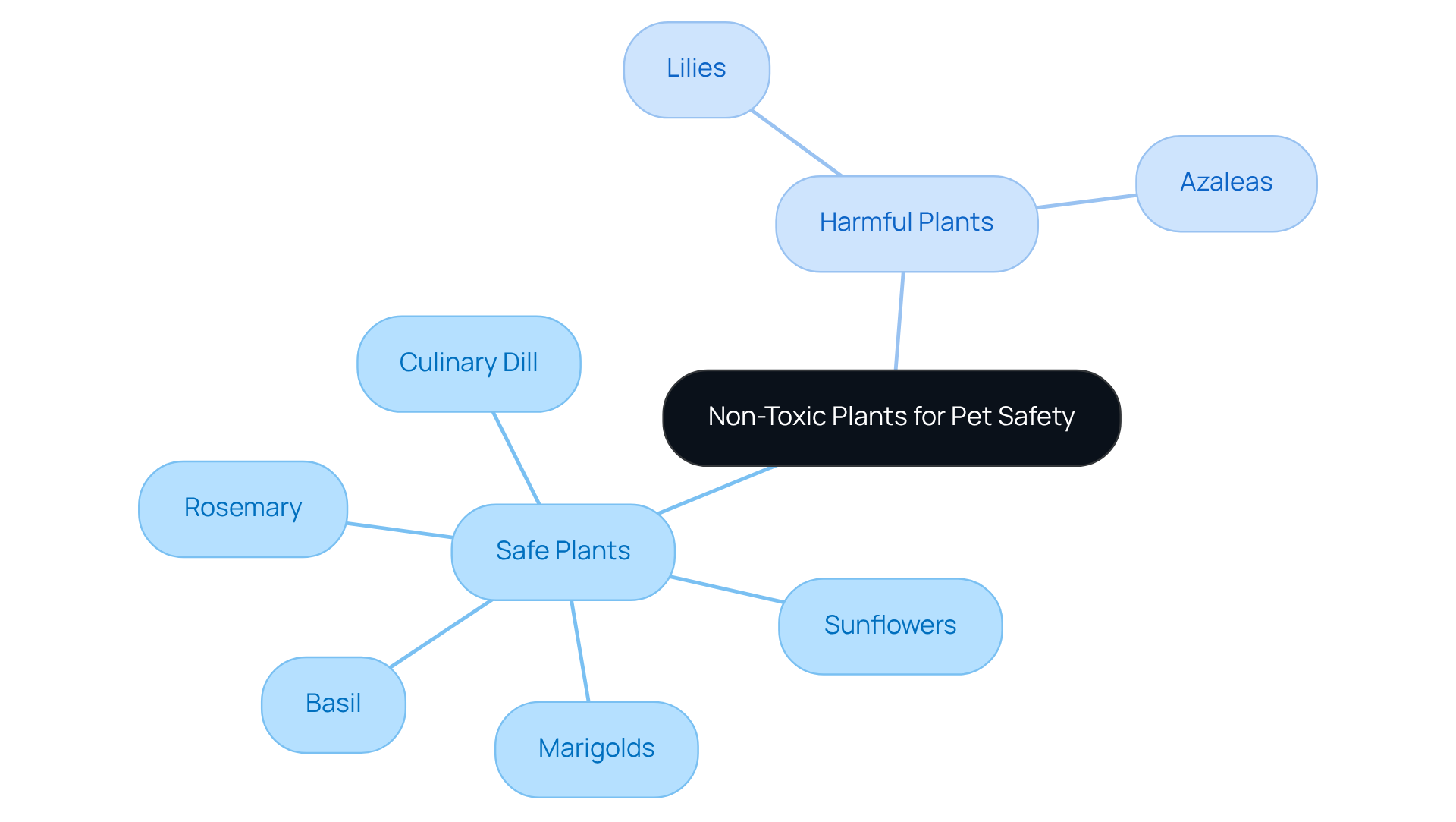 The central idea is about keeping pets safe with non-toxic plants. The branches show which plants are safe to have around pets and which ones to avoid. Safe plants are in bright colors, while harmful ones are highlighted in red to indicate caution.