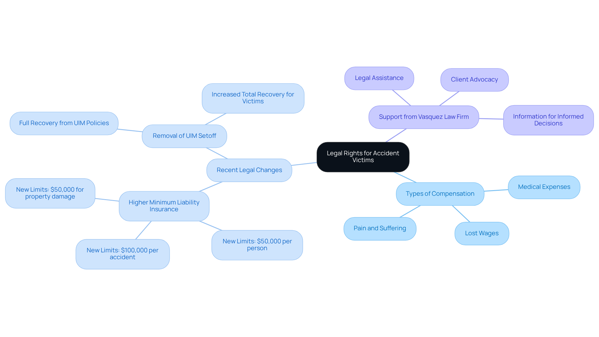 The central node represents your legal rights, while the branches show different aspects of those rights and the support available to you. Each color-coded branch helps you navigate through the information easily.