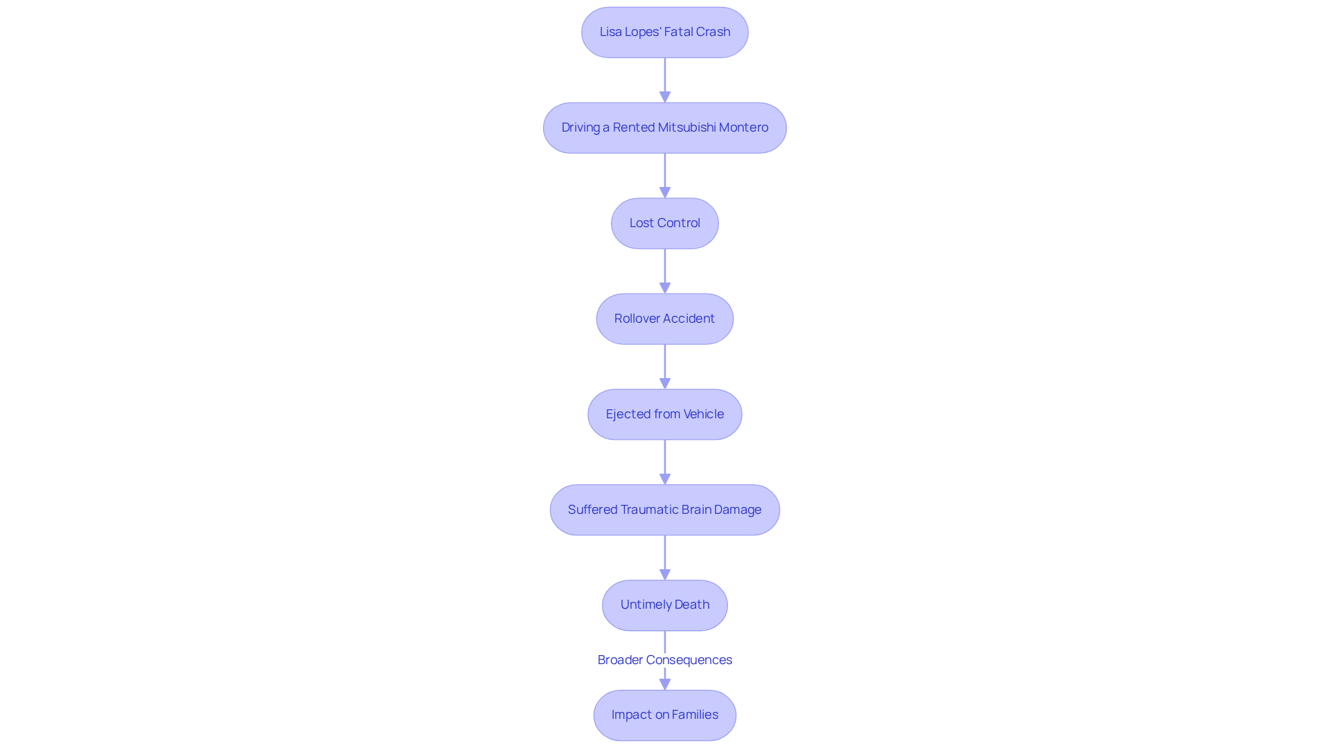 This flowchart outlines the tragic sequence of events leading to Lisa Lopes' accident and its aftermath. Each box represents a key moment in the timeline, showing how one event led to another, and highlighting the broader impact on families affected by similar tragedies.