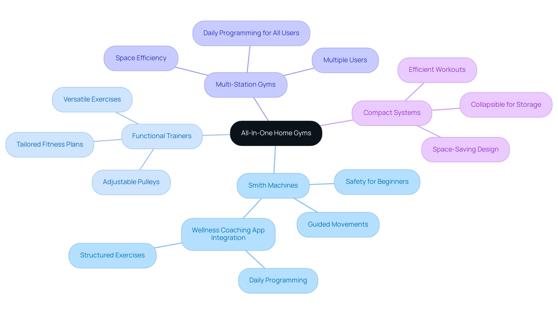 The central node represents the main topic, with branches showing the different gym types and their features.