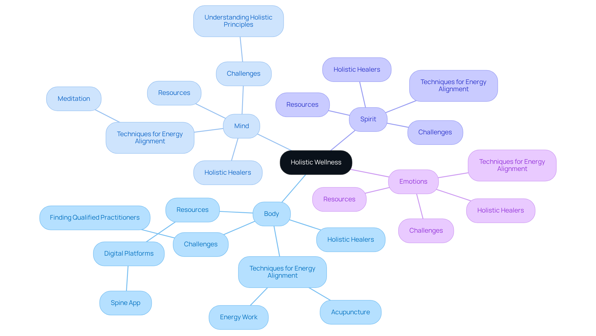The center represents holistic wellness, and the branches show how different aspects of life are connected. Each sub-branch provides more detail about holistic healers, techniques, challenges, and resources to support your wellness journey.