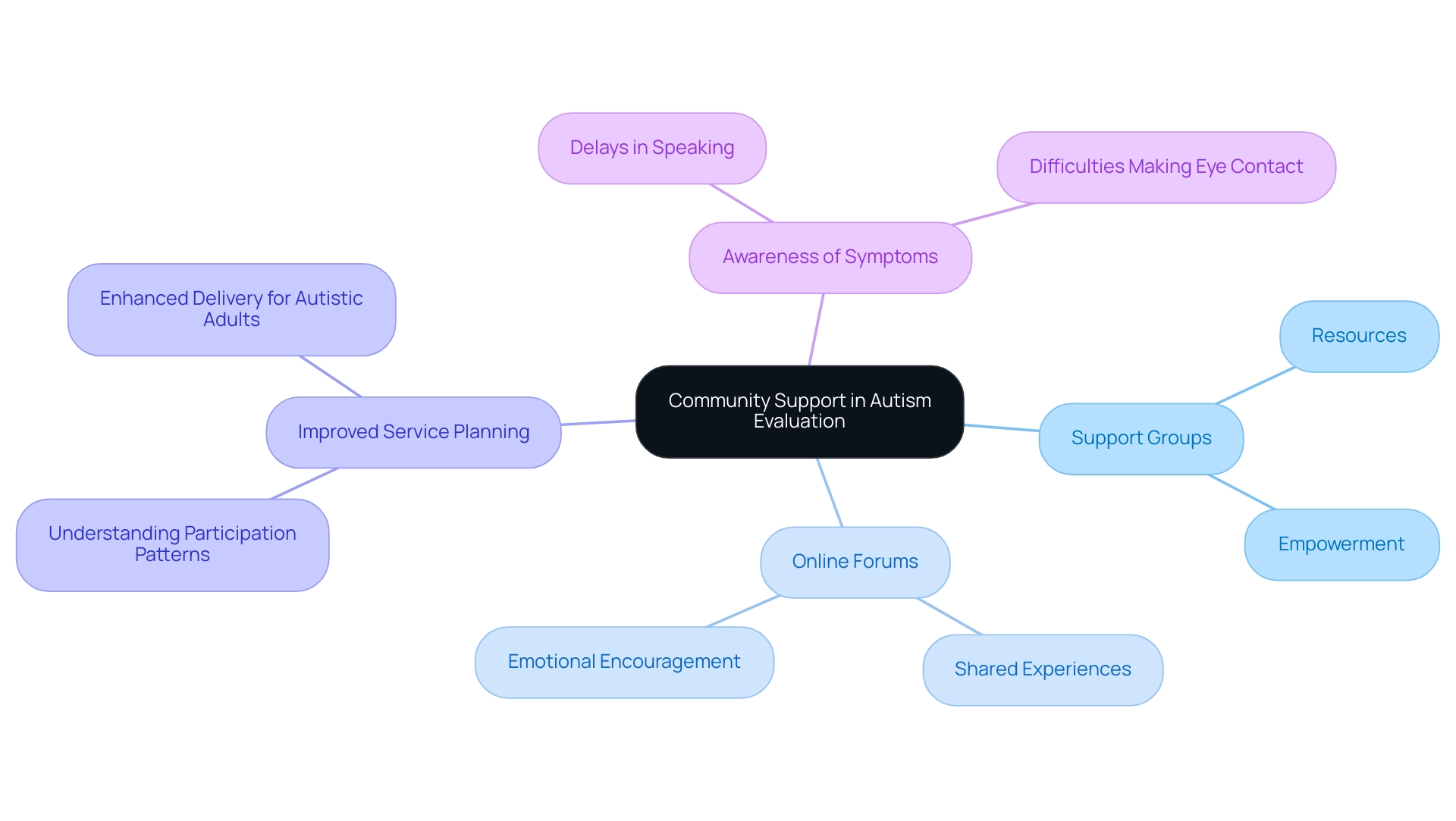 The central node represents community support, with branches depicting various aspects that contribute to the autism evaluation process, each color-coded for clarity.