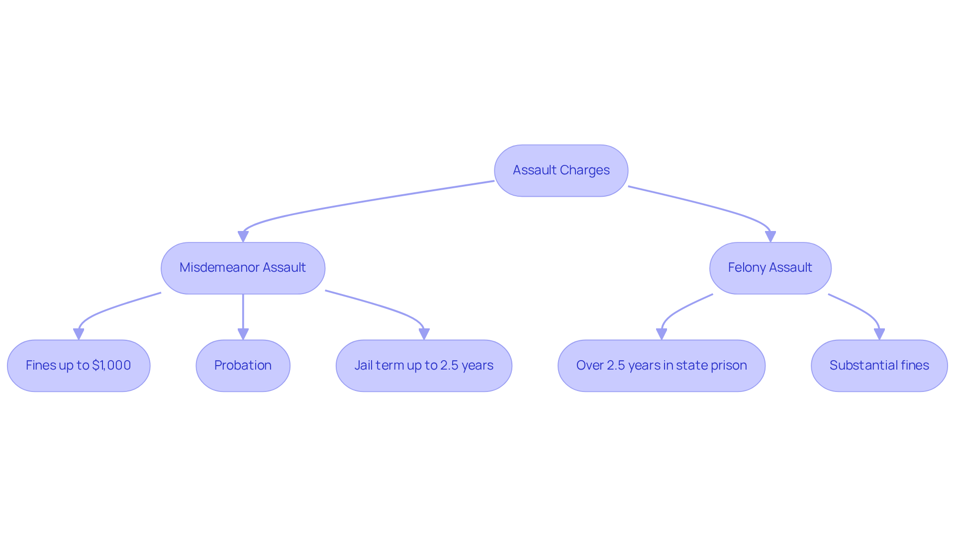 This flowchart shows the different types of assault charges and their penalties. Follow the branches to see what happens with misdemeanor versus felony assault, and what penalties you might face for each.