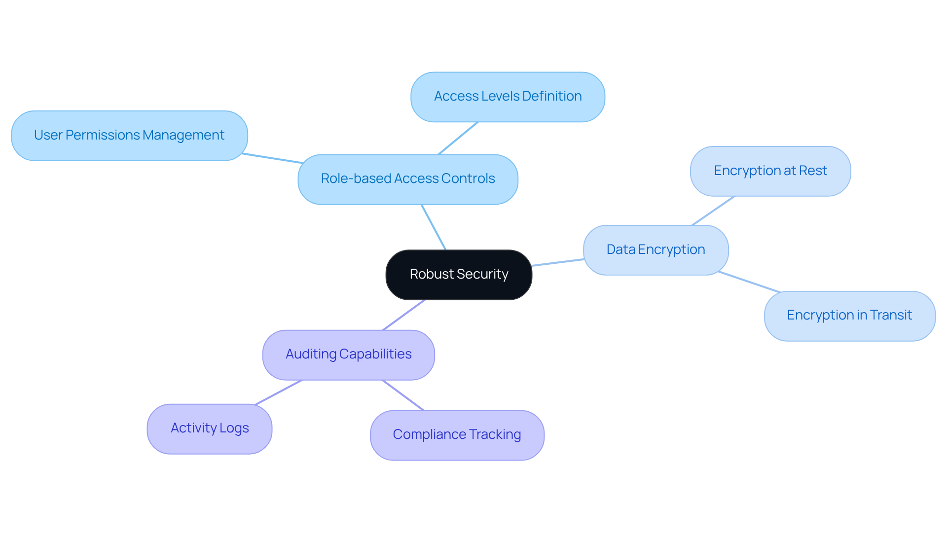 The central node represents the main theme of security, while the branches show specific features that help protect data. Each feature is a vital part of the overall strategy.
