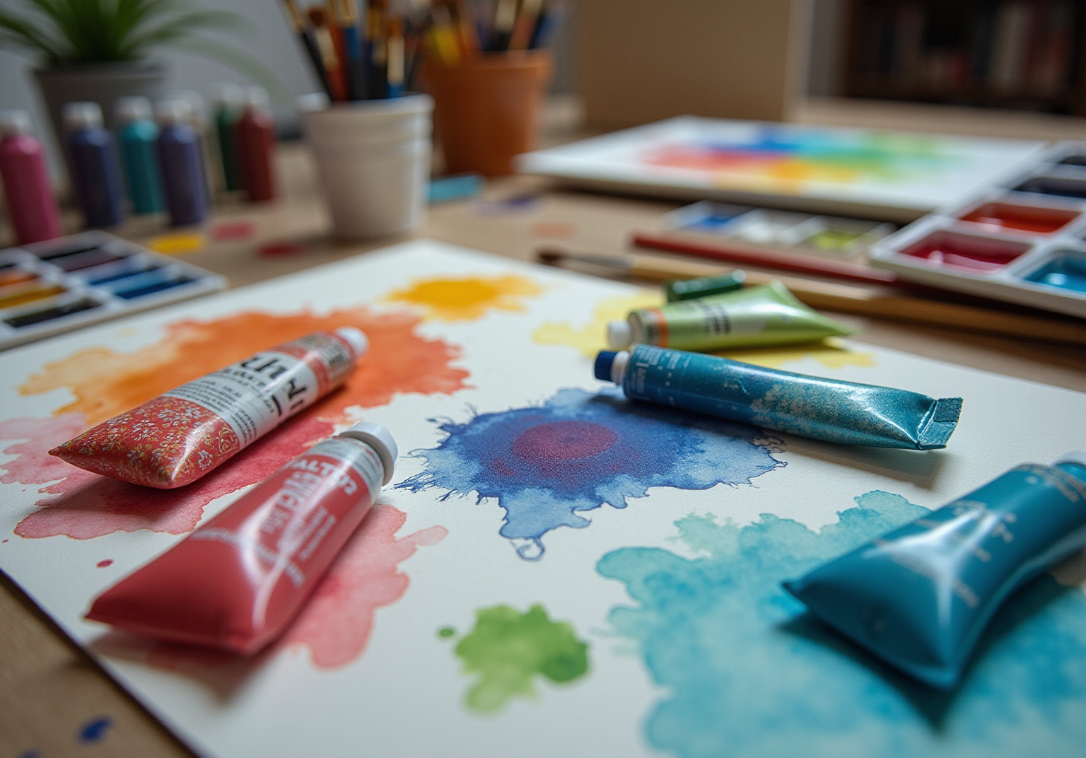Artist's Workspace with Watercolor Paints Artist's Workspace with Watercolor Paints