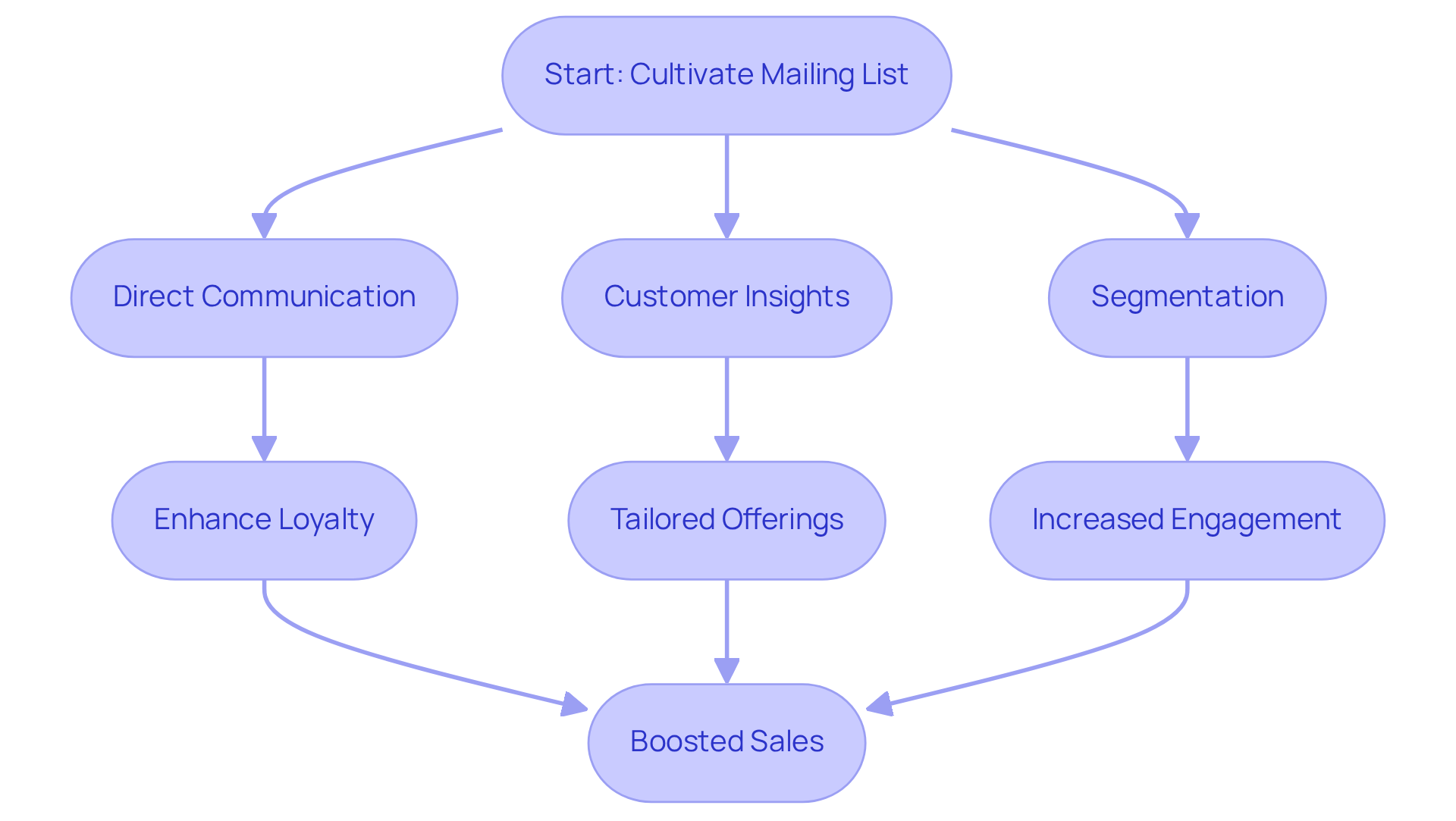Follow the arrows to see how building a mailing list can lead to direct communication with customers, valuable insights, and ultimately increased sales and loyalty.