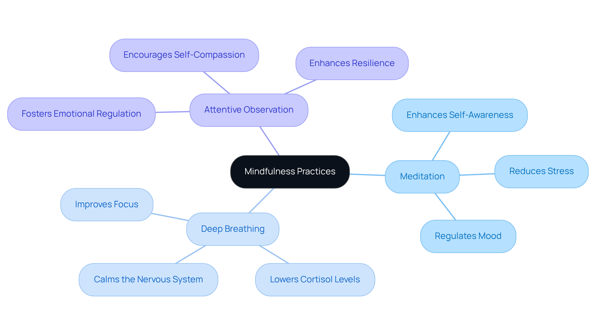 Start at the center with the concept of mindfulness, then explore the branches that show different practices and their positive effects on self-awareness and emotional health. Start at the center with the concept of mindfulness, then explore the branches that show different practices and their positive effects on self-awareness and emotional health.