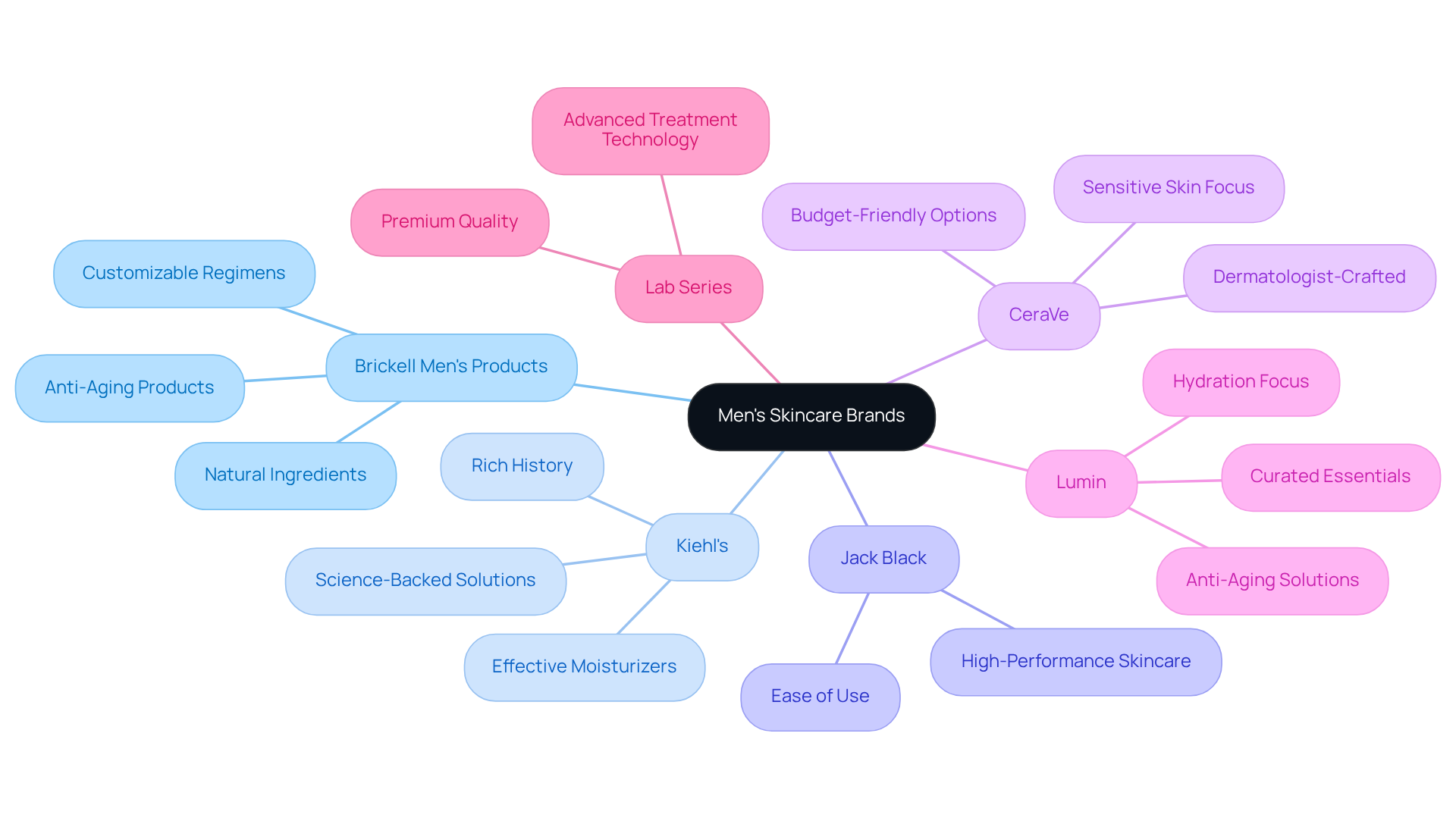 The central node represents the overall theme of men's skincare brands, while each branch represents a specific brand. The sub-branches detail what makes each brand unique, helping you understand the variety of options available in the market.