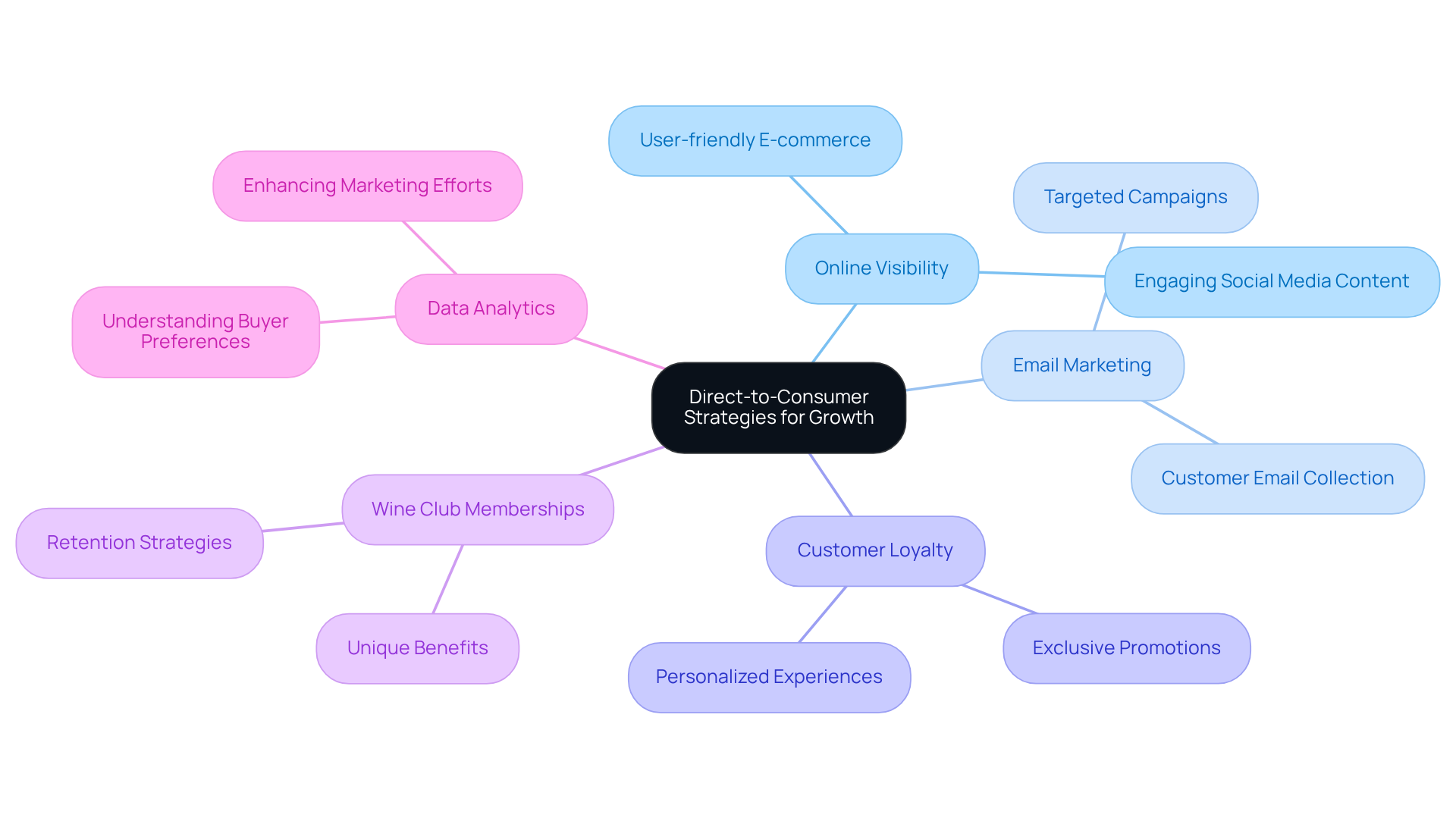 The center represents the main goal of enhancing DTC strategies, with branches showing the different tactics and insights that contribute to achieving this goal. Each color-coded area helps highlight various focus points, making it easy to understand the connections.