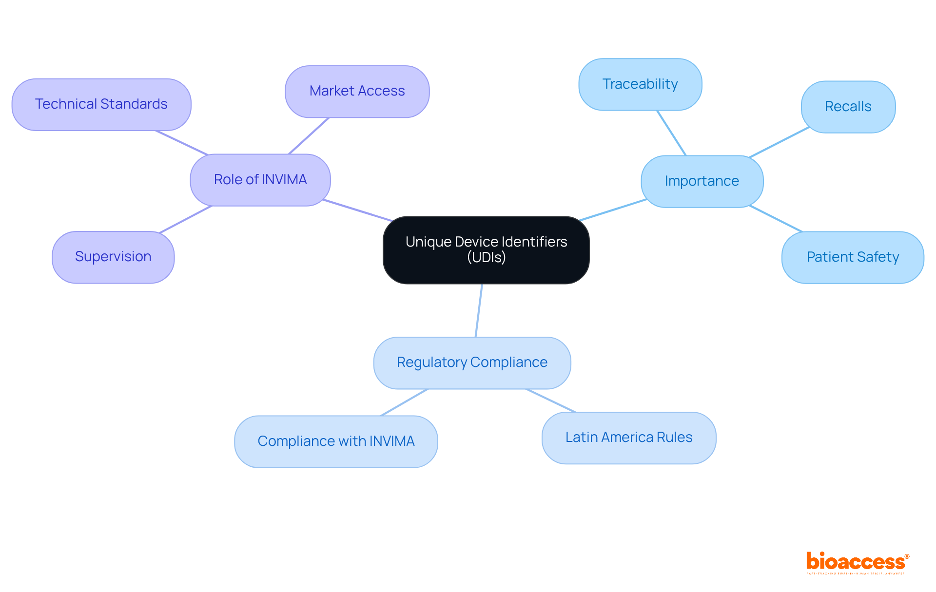 The central node represents UDIs, with branches showing their importance and regulatory aspects. Each color-coded branch helps you see how these elements connect and contribute to the overall understanding of UDIs in healthcare.