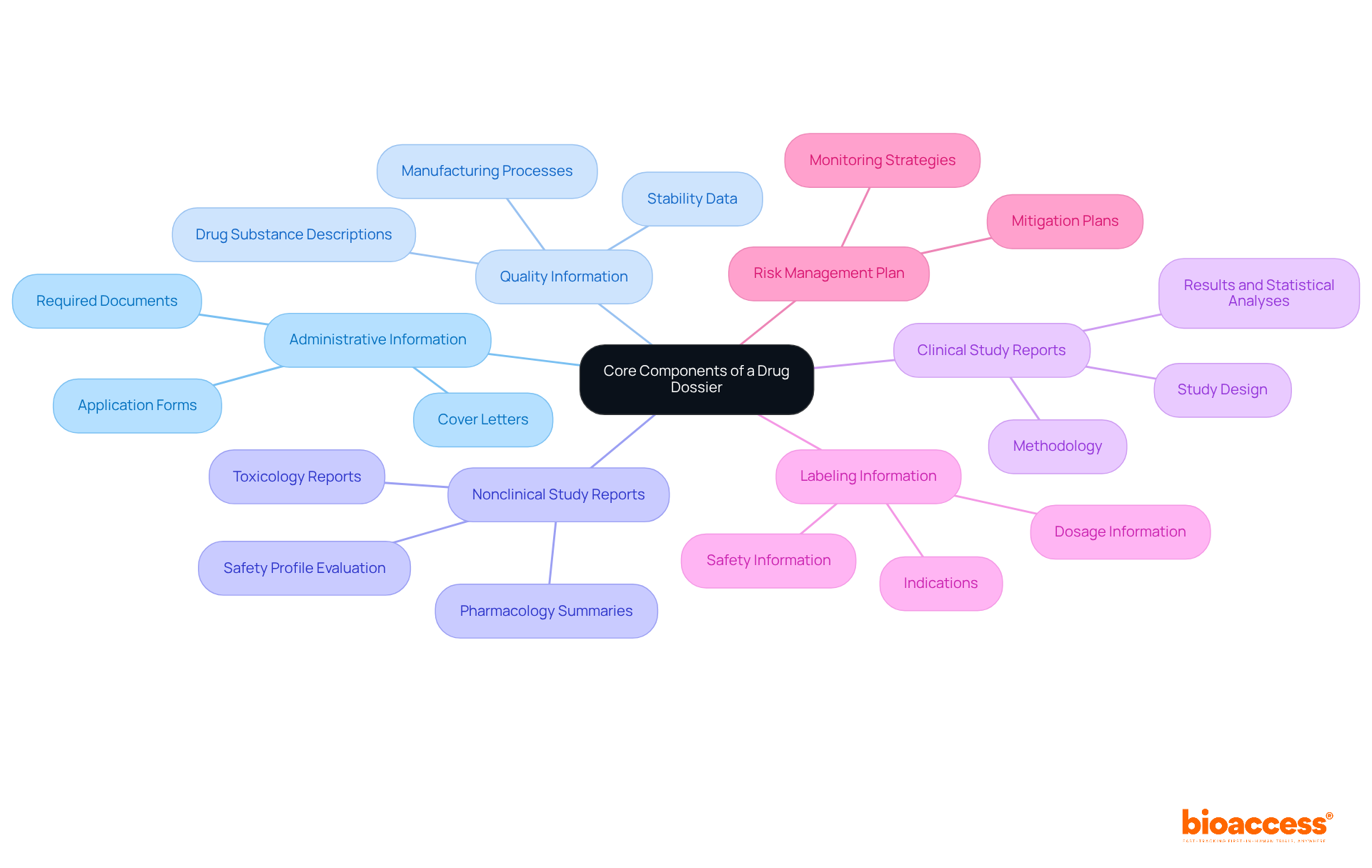 The central node represents the drug dossier, while each branch shows a key component necessary for regulatory approval. Follow the branches to see what each section includes and why it's important for a successful submission.