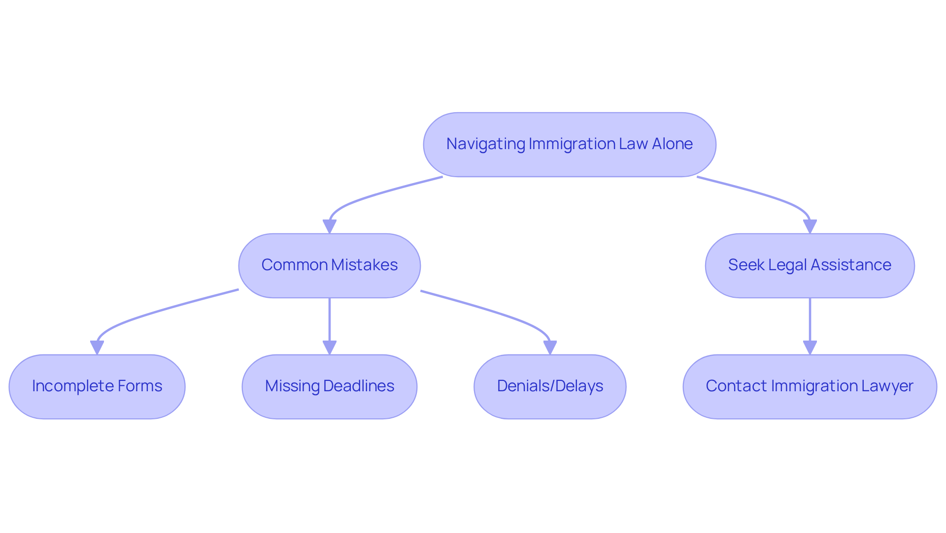 This flowchart shows the steps involved in navigating immigration law. Start at the top and follow the arrows to see common mistakes that can happen when going it alone, and the importance of seeking help from an immigration lawyer.
