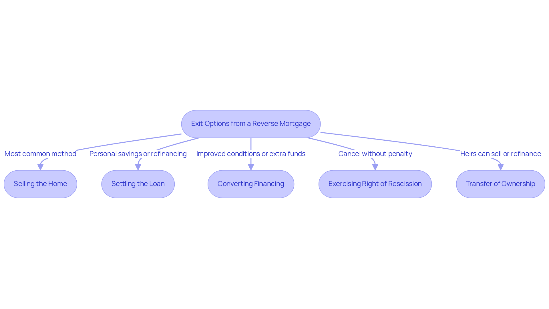 This flowchart shows the different ways you can exit a reverse mortgage. Each box represents an option you can take, and the arrows guide you through the choices. Whether you want to sell your home or settle the loan, this chart helps you see your paths clearly.