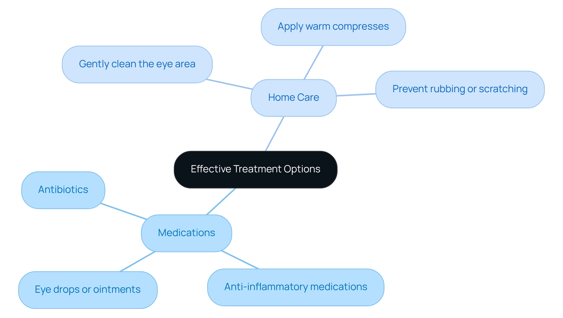 At the center is the main topic of treatment options, with branches leading to specific medications and home care steps, showing how they contribute to your pet's recovery.