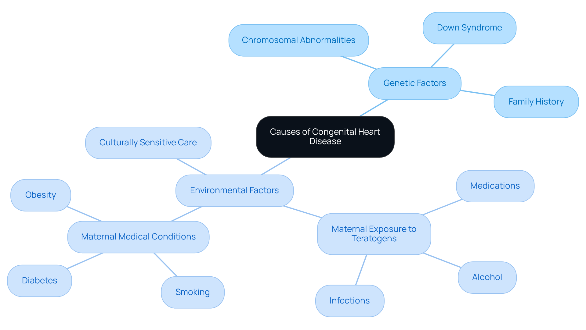 This mindmap shows the different causes of congenital heart disease. Start at the center with the main topic, then follow the branches to see how genetic and environmental factors contribute to the risk. Each sub-branch provides more detail about specific influences, helping you understand the complexity of this health issue. This mindmap shows the different causes of congenital heart disease. Start at the center with the main topic, then follow the branches to see how genetic and environmental factors contribute to the risk. Each sub-branch provides more detail about specific influences, helping you understand the complexity of this health issue.