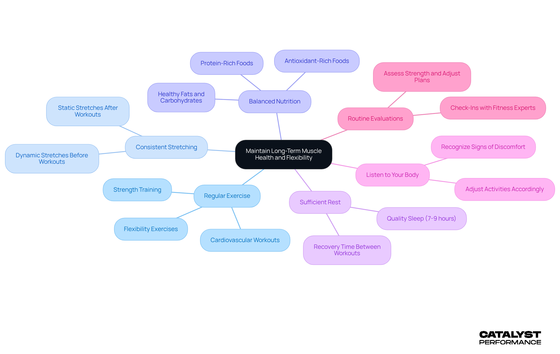 The central node represents the overall goal of maintaining muscle health and flexibility. Each branch shows a key strategy, and the sub-branches provide additional details or actions to take. This layout helps you visualize how each practice contributes to your fitness journey.