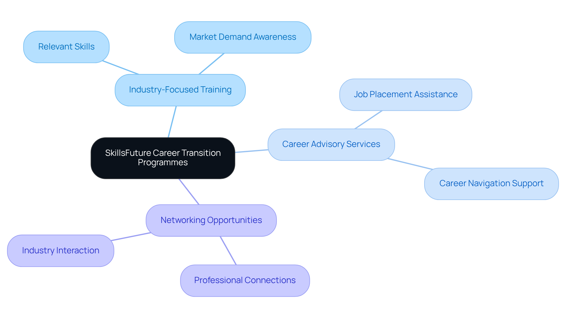 The central node represents the main program, while the branches show the key components that help individuals navigate their career changes. Each color-coded branch details how the program equips participants with the tools they need for success.
