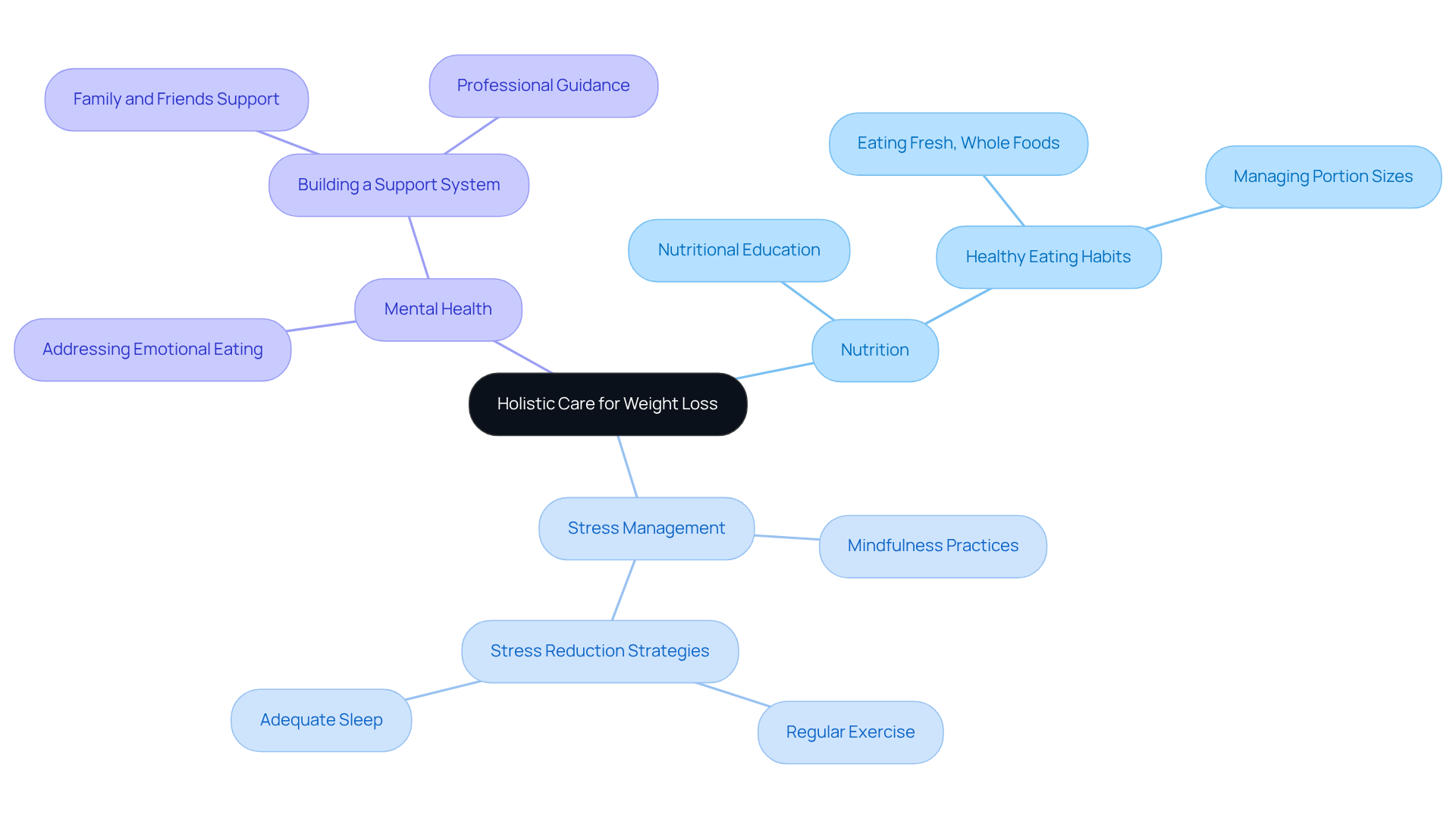 The center represents the overall theme of holistic care for weight loss. Each branch shows a key area of support, and the sub-branches detail specific strategies or practices that contribute to effective weight management.