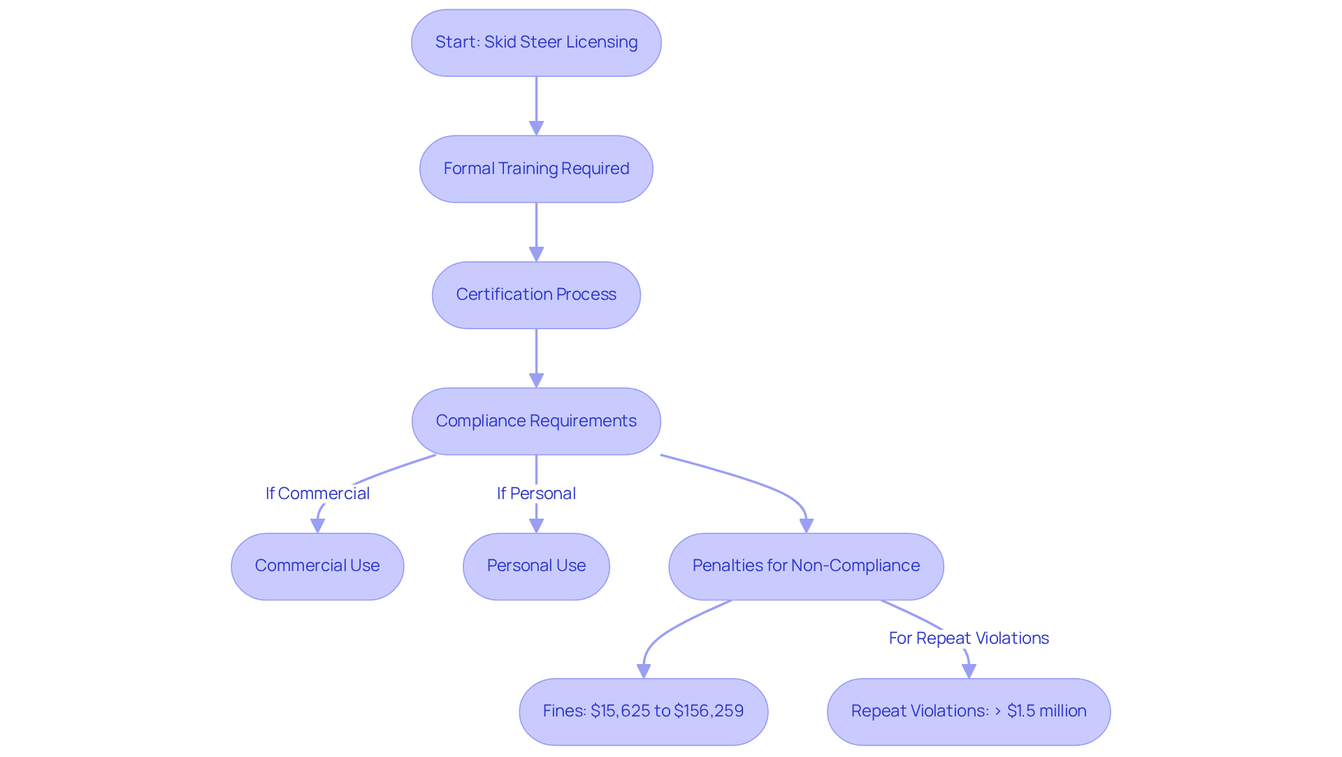 Follow the flowchart to see the steps needed for skid steer licensing. Each box represents a stage in the process, and the red boxes highlight the serious consequences of not following the rules.