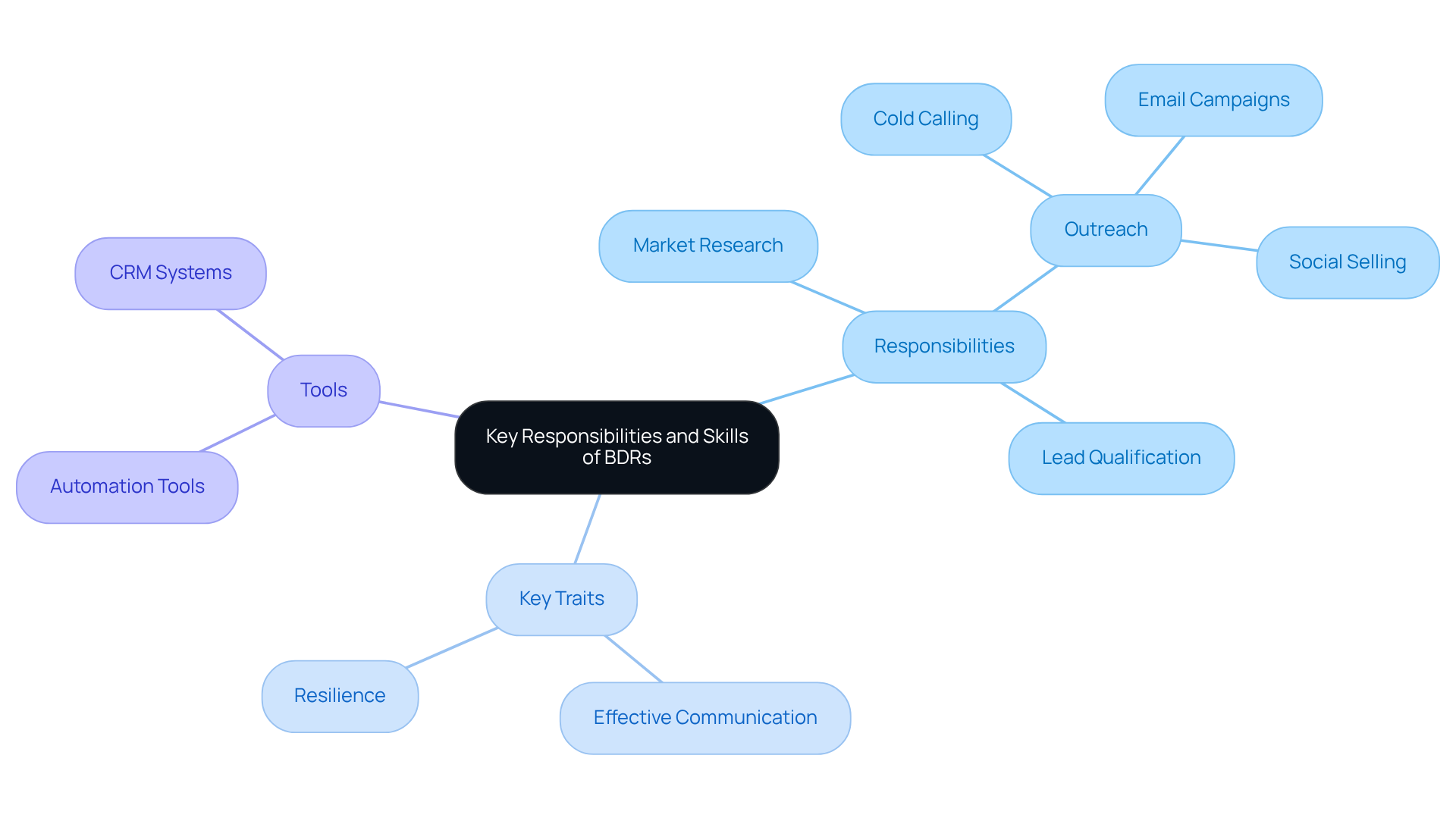 The central node represents the overall theme of BDRs. Each branch highlights a key area of focus, with sub-branches detailing specific responsibilities, traits, and tools that contribute to their success.