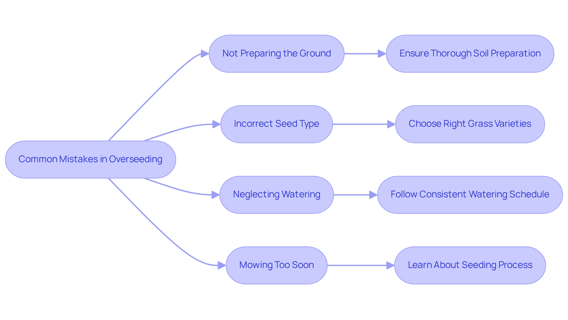 This flowchart shows common overseeding mistakes on the left in red boxes, and helpful tips to avoid them on the right in green boxes. Follow the arrows to see how to improve your overseeding process!