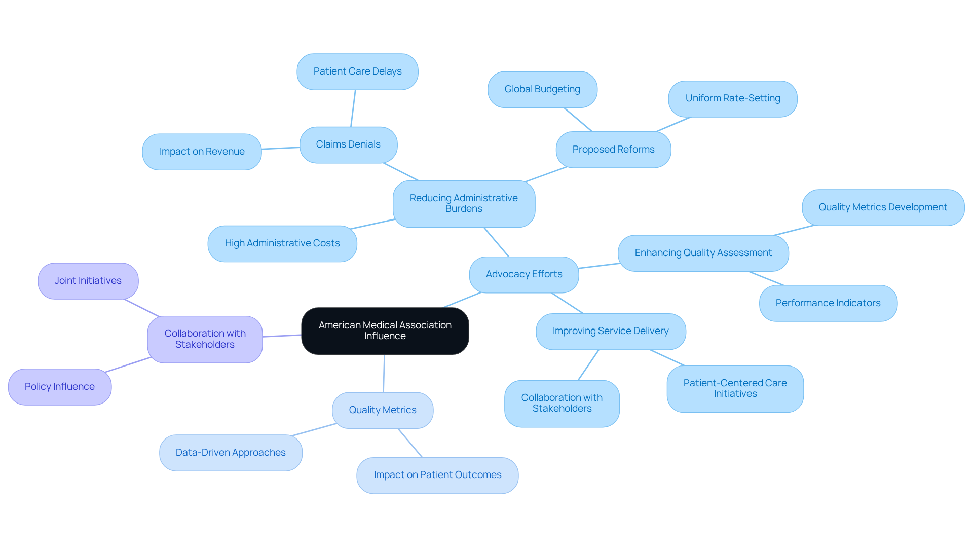 The central node represents the AMA's influence. Each branch shows a key focus area, and sub-branches detail specific goals and initiatives. Follow the branches to understand how the AMA's efforts connect and contribute to improving healthcare.