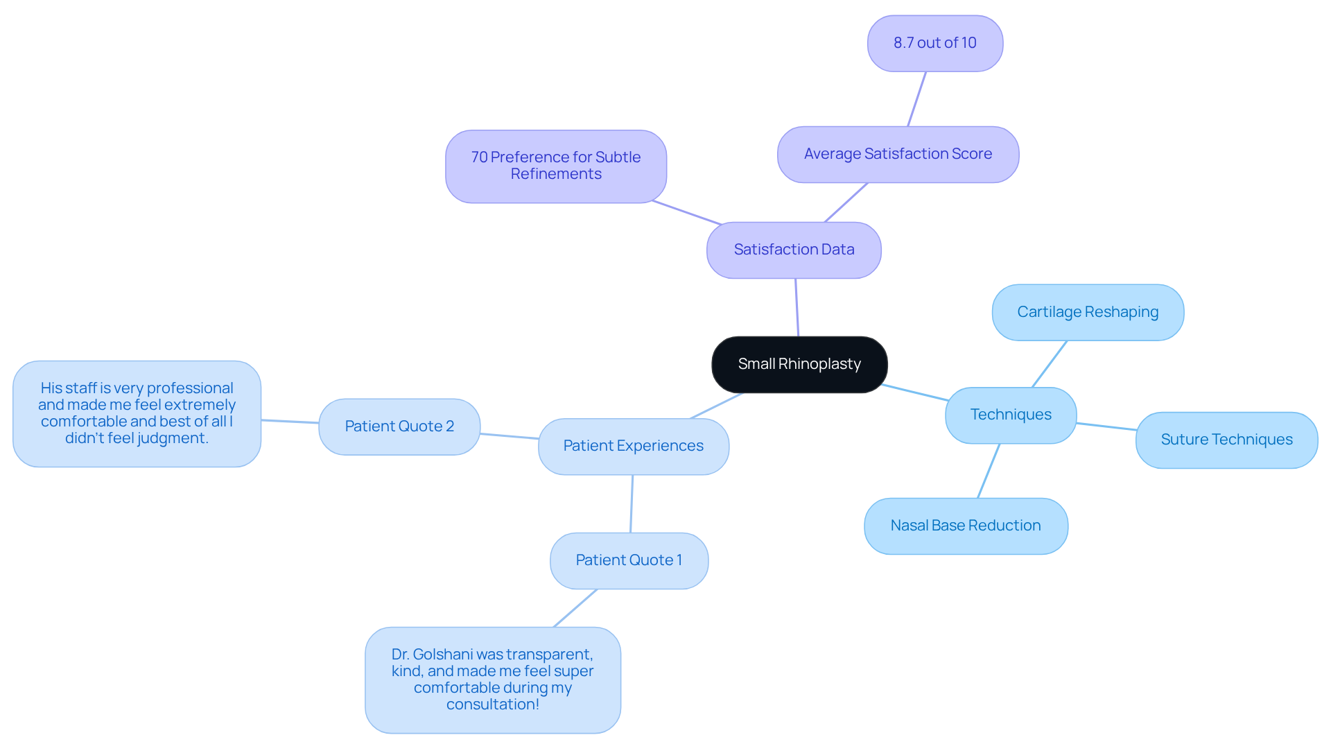 The center represents small rhinoplasty, with branches showing techniques, patient feedback, and satisfaction data. Each branch helps you explore different aspects of the procedure and its impact on individuals.