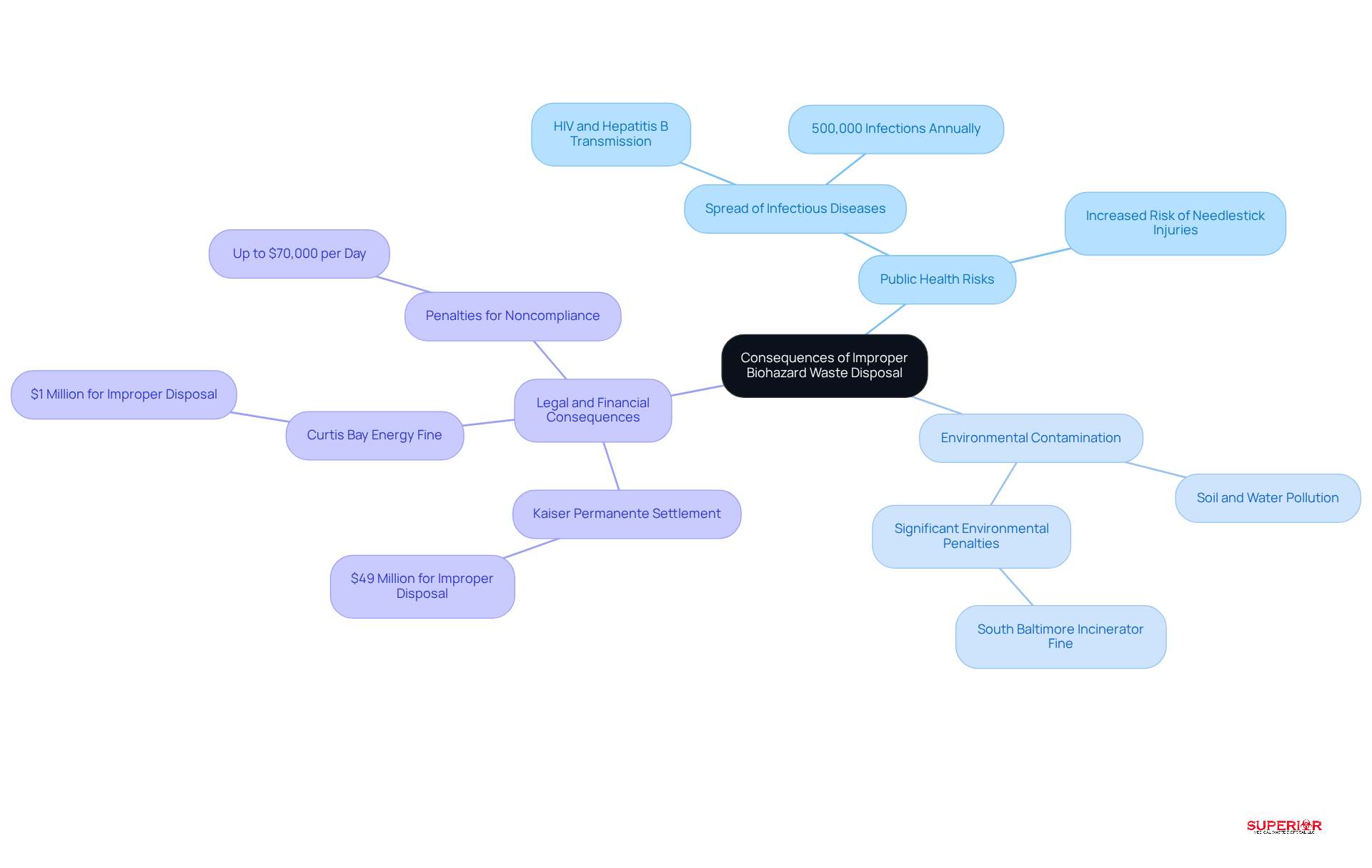 The central node represents the main issue, while the branches show different consequences. Each sub-branch provides specific details or examples related to that consequence, helping you understand the broader impact of improper disposal.
