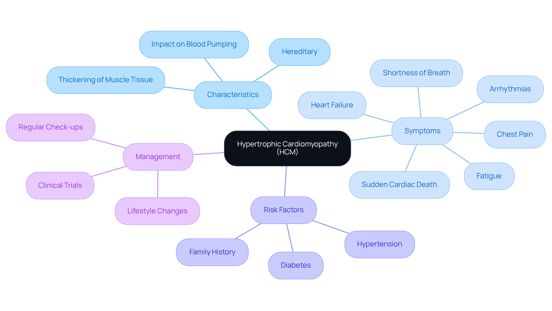 The central node represents HCM, with branches showing its characteristics, symptoms, risk factors, and management strategies. Each branch helps you understand different aspects of the condition and how they relate to one another. The central node represents HCM, with branches showing its characteristics, symptoms, risk factors, and management strategies. Each branch helps you understand different aspects of the condition and how they relate to one another.