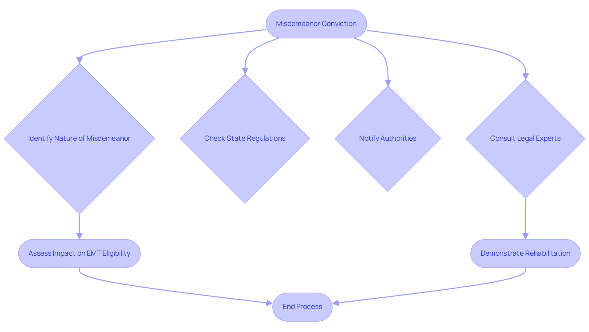 This flowchart guides you through the steps to understand how a misdemeanor conviction may affect your ability to become an EMT. Start at the top and follow the arrows to see what you need to consider and do at each stage.