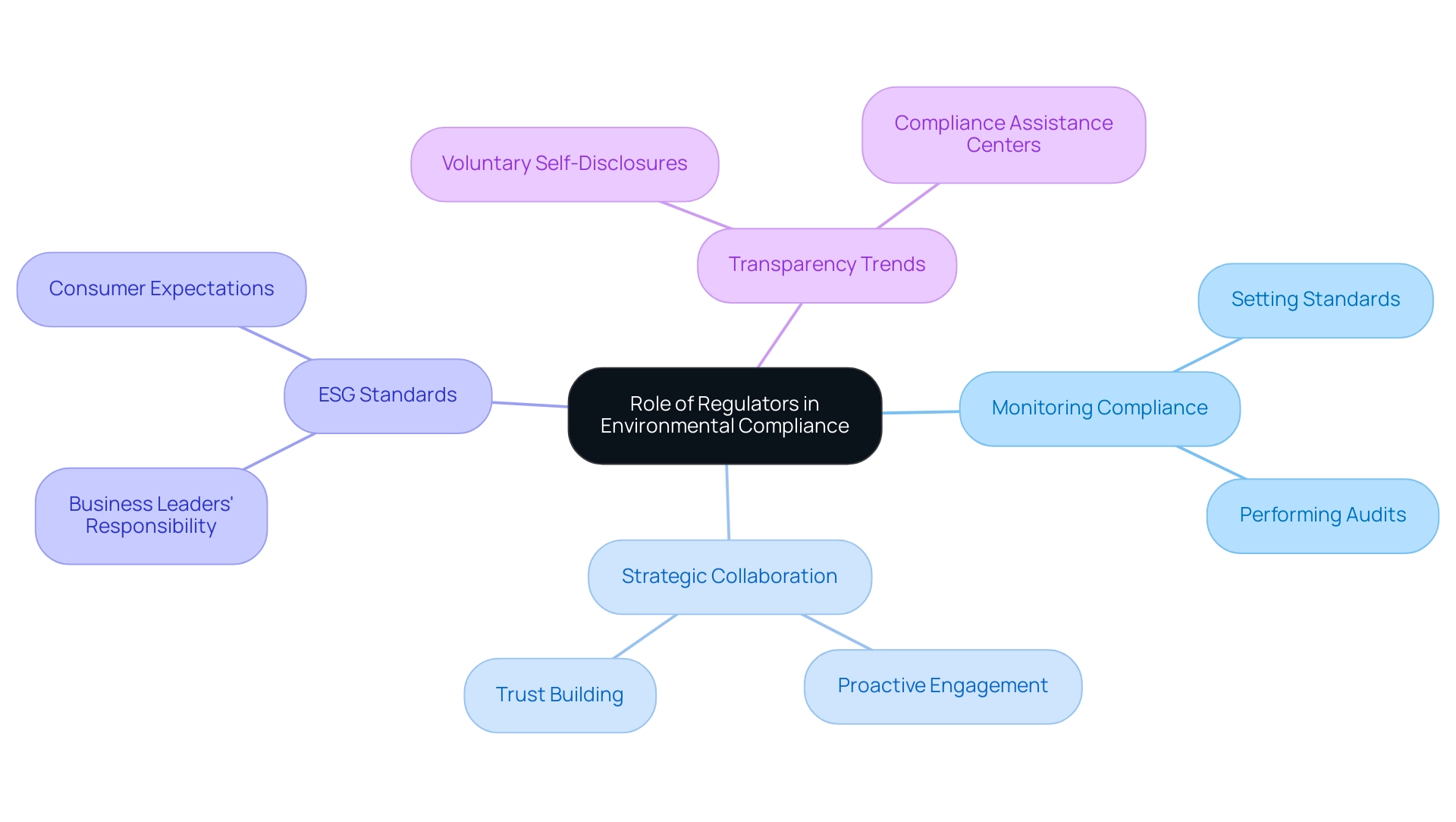 The central node represents the overall topic, with branches showing key areas such as Monitoring Compliance, Strategic Collaboration, ESG Standards, and Transparency Trends.