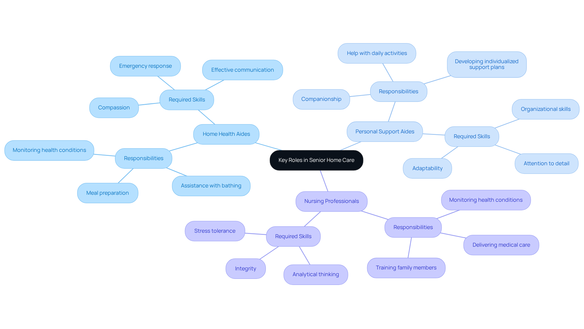 The center shows the main roles, while the branches reveal what each role entails and the skills necessary for success. Follow the branches to understand how each part contributes to comprehensive senior care.