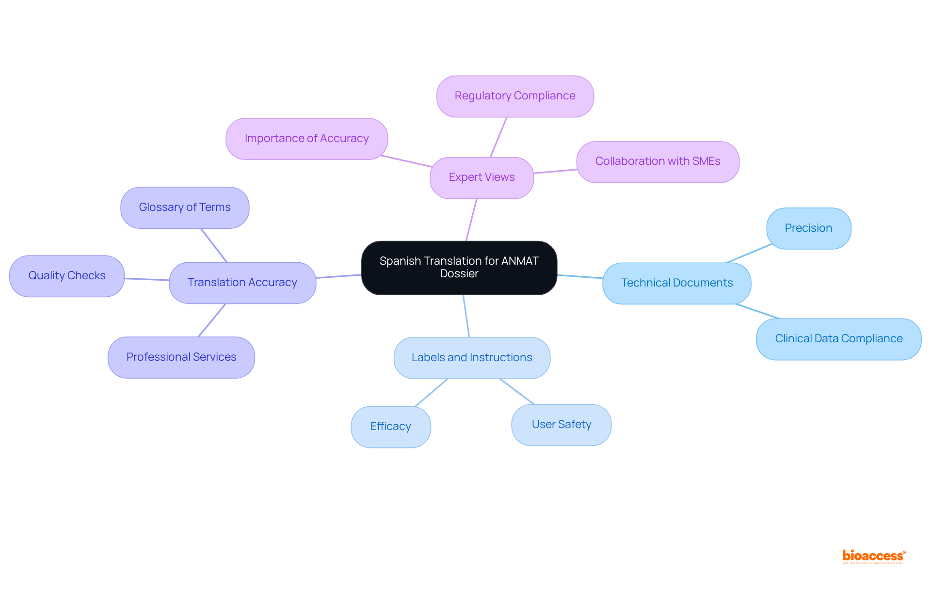 The center shows the main focus on Spanish translation, with branches detailing key components and considerations necessary for compliance. Each branch represents an essential aspect of the translation process and its importance.