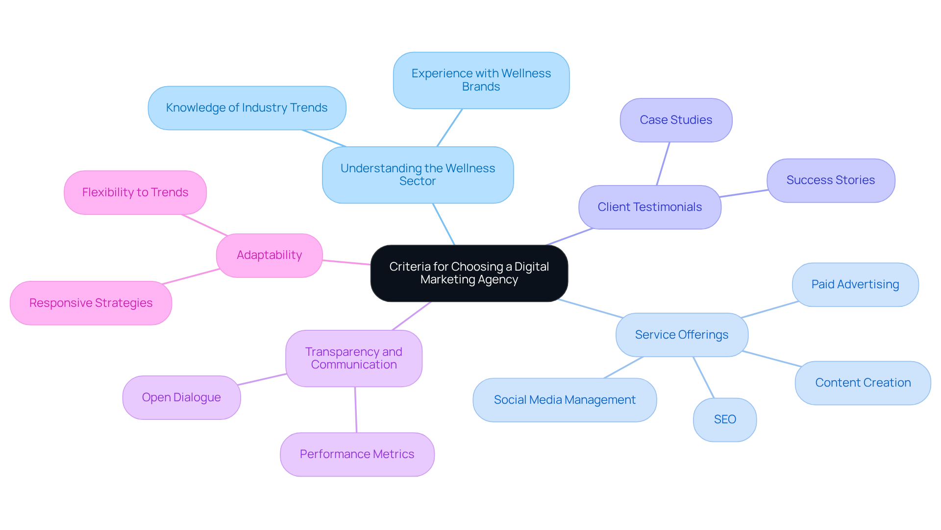 The central node represents the main topic, while the branches show the key criteria to consider. Each sub-branch provides more detail or examples related to that criterion, helping you visualize what to look for in a digital marketing agency.