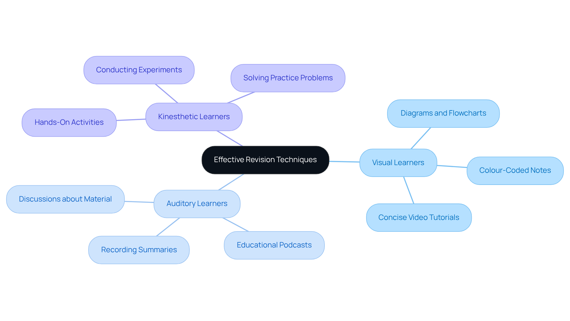 The center shows the main idea of effective revision. Each branch represents a learning style, and the sub-branches list specific techniques that suit each style. This helps you see how to adapt your study methods based on how you learn best.
