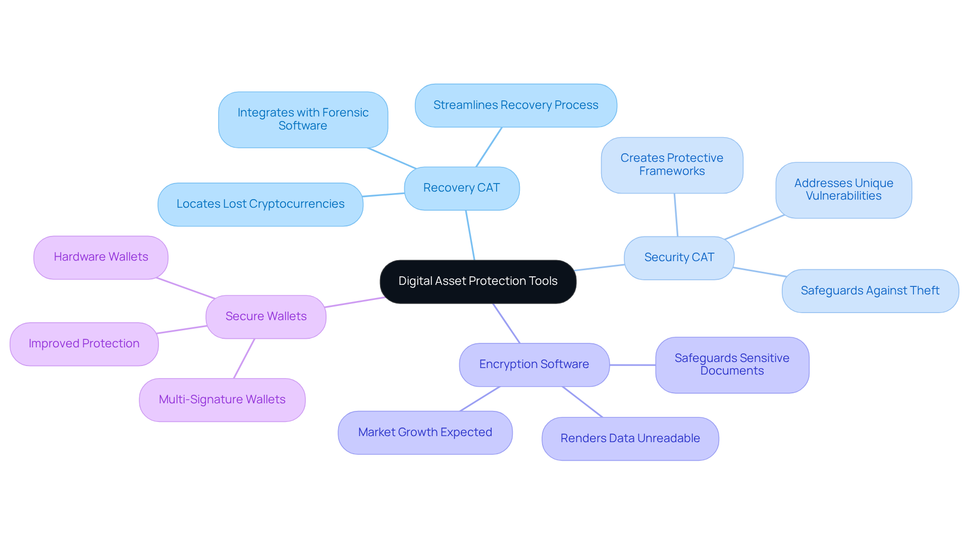 The central node represents the overall theme of digital asset protection, while each branch highlights a specific tool and its features. Follow the branches to understand how each tool contributes to enhancing security.