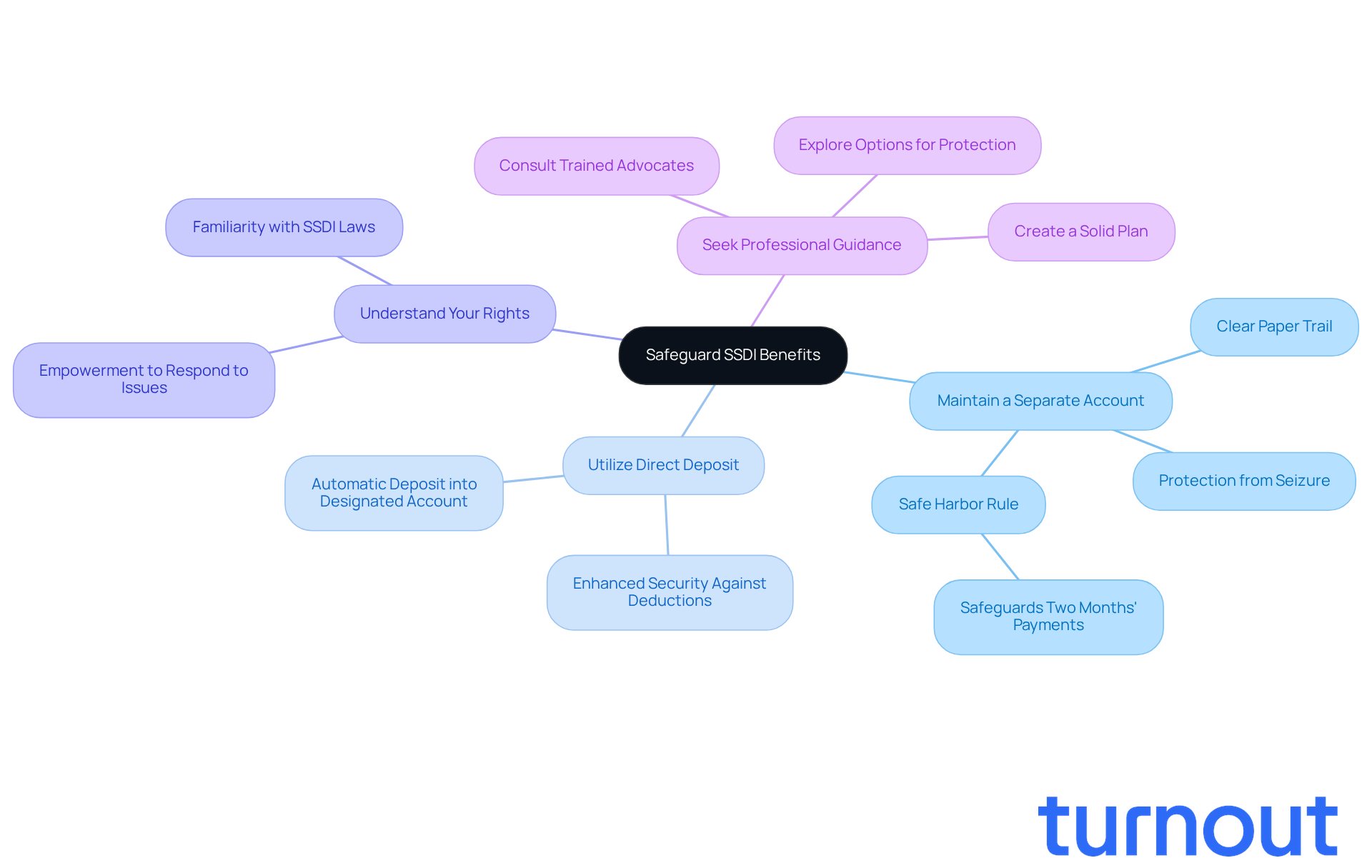 The central node represents the main goal of protecting SSDI benefits. Each branch shows a different strategy, and the sub-branches provide additional details or examples. This layout helps you visualize how to approach safeguarding your benefits effectively.