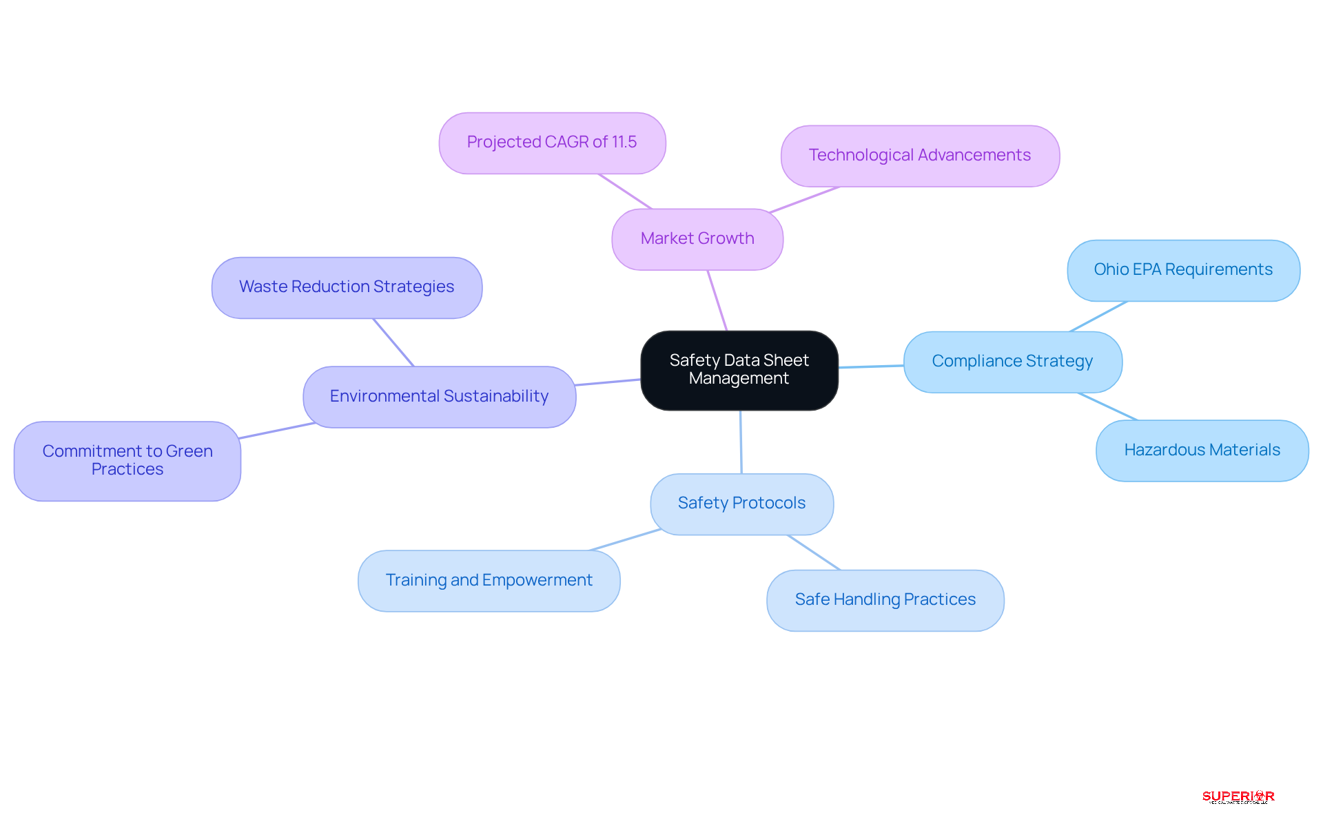 The central node represents the main focus on safety data sheets, while the branches illustrate how this focus connects to compliance, safety, sustainability, and market trends.