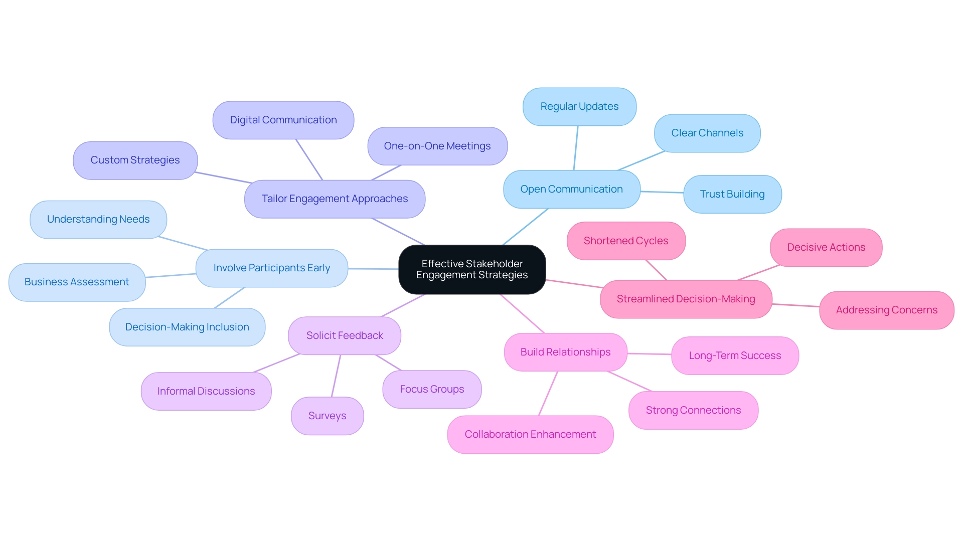 Each branch represents a specific strategy for stakeholder engagement, with sub-branches providing additional details or examples related to that strategy.