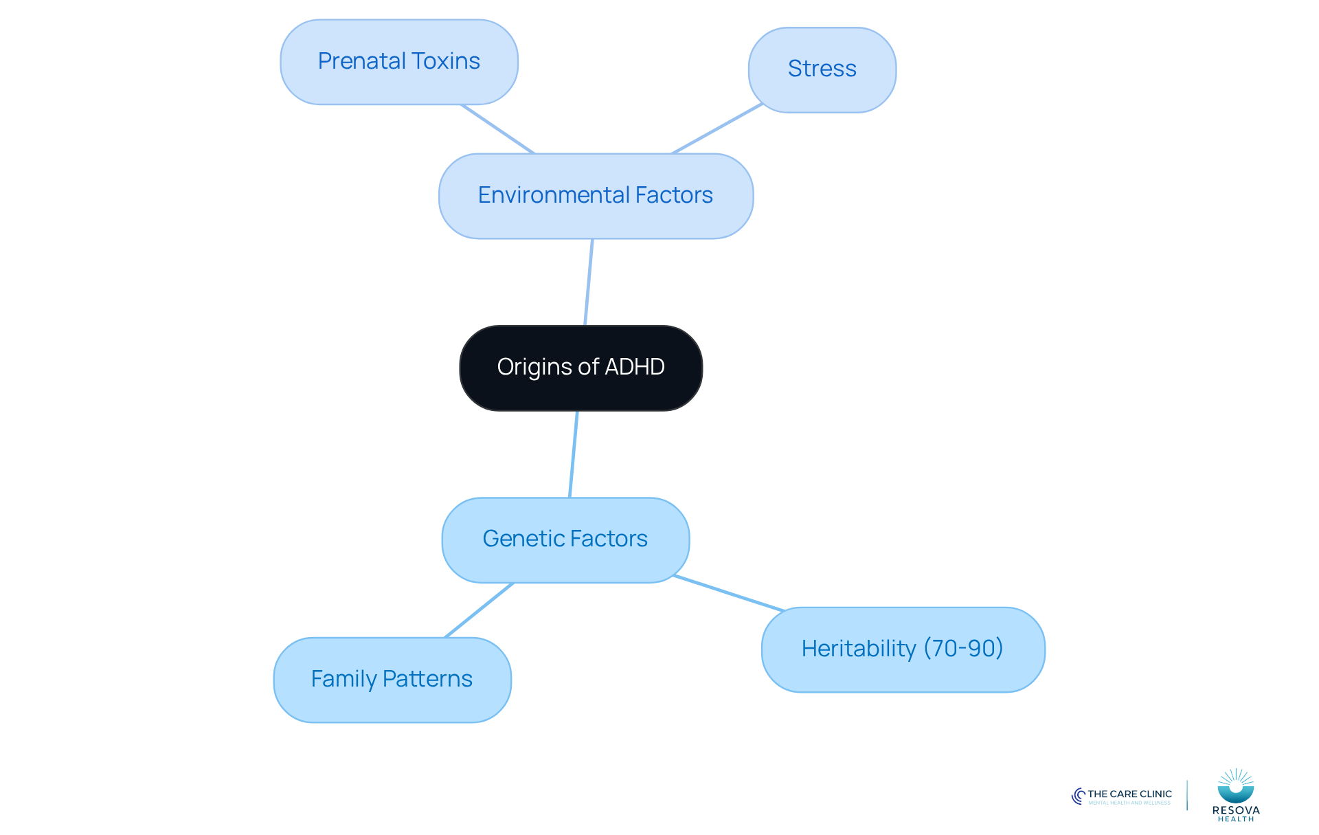The central node represents the main topic, while the branches show the key influences on ADHD. Each color-coded branch helps you see how genetics and environment contribute to the disorder.