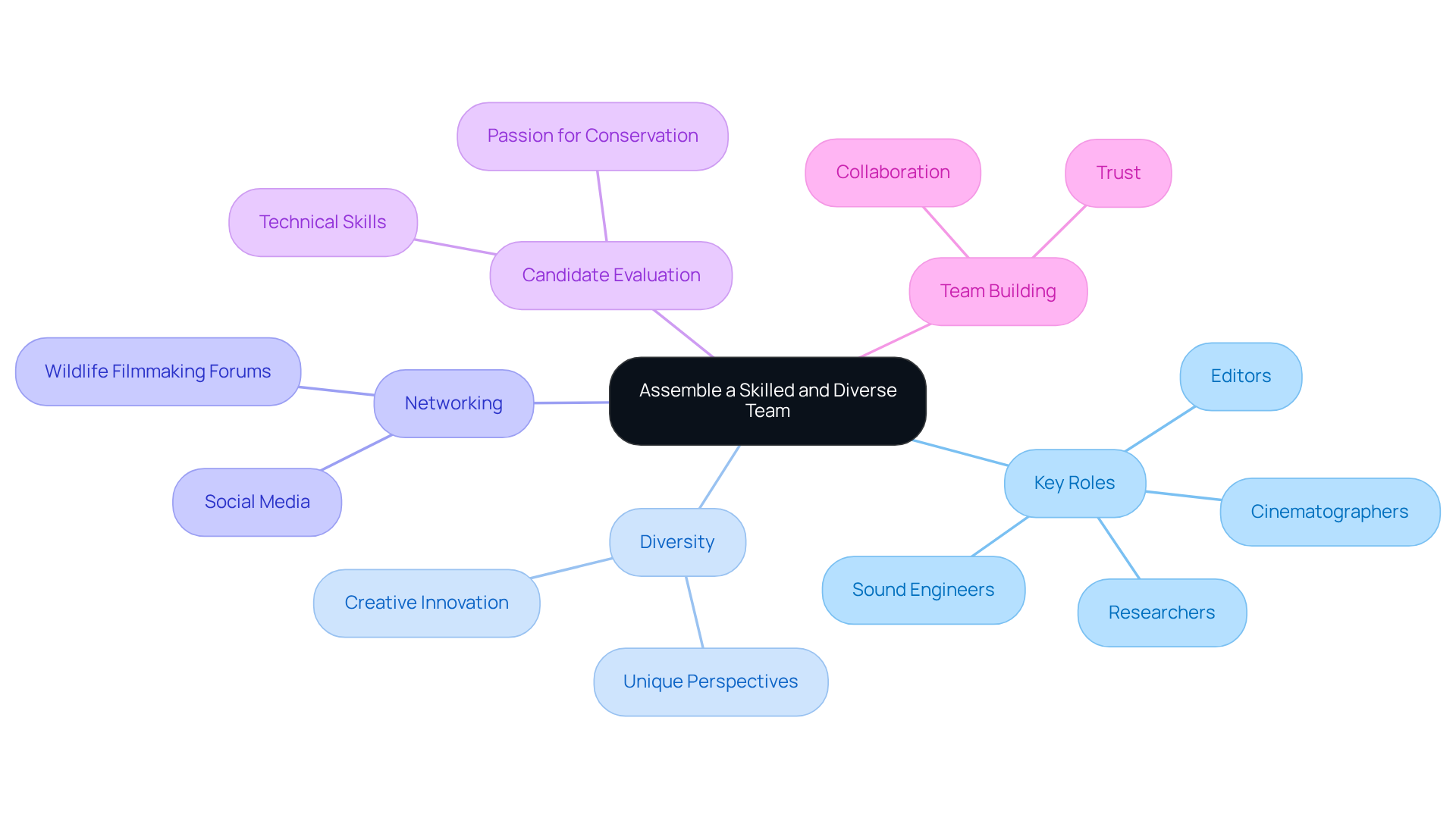 This mindmap starts with the central theme of team assembly and branches out into key areas that are essential for building a successful team. Each branch represents a different aspect of the process, helping you see how they connect and contribute to the overall goal.