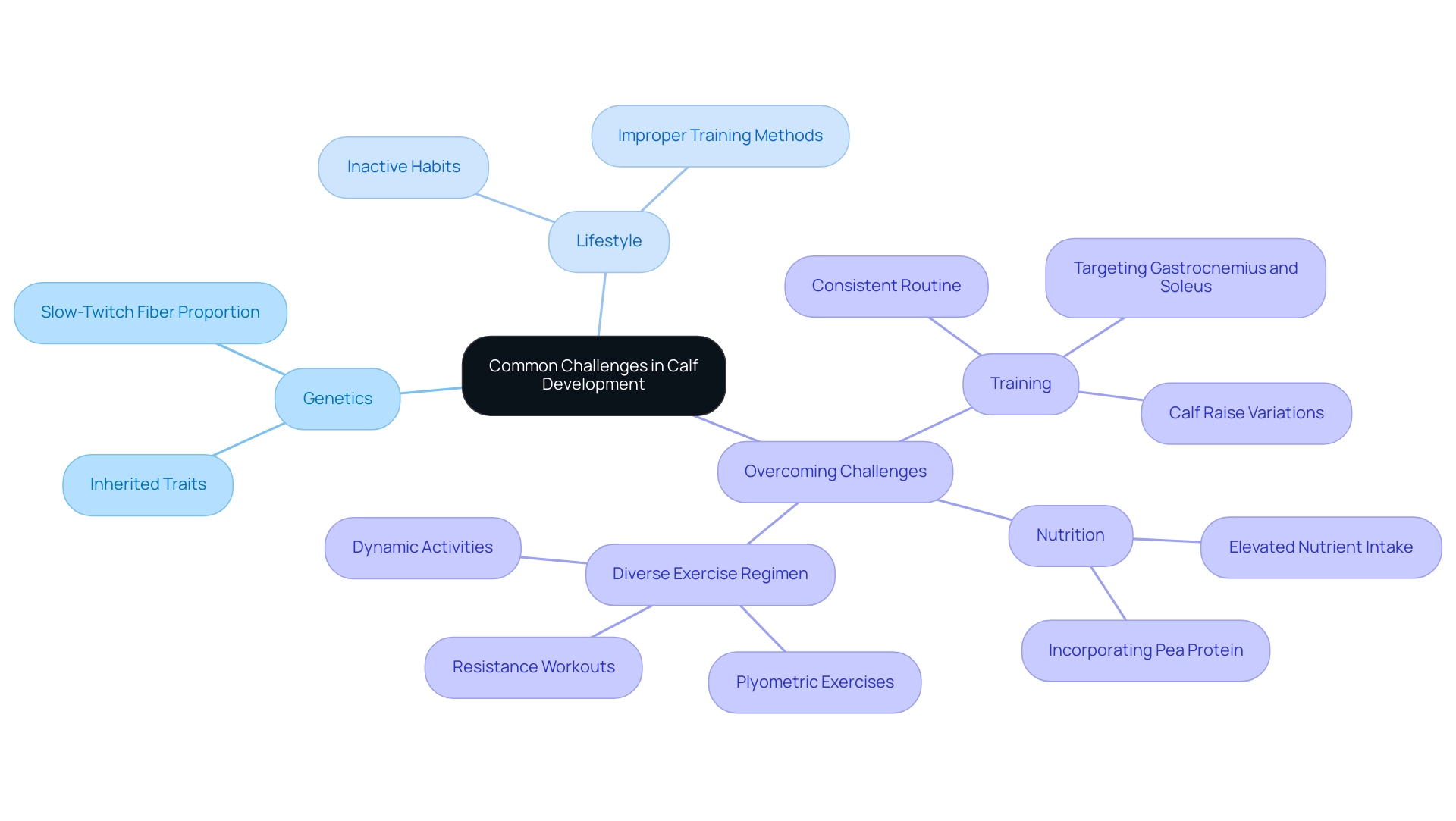 The central node represents the main topic, with branches for specific challenges (Genetics, Lifestyle) and solutions (Training, Nutrition, Diverse Exercise Regimen). Each color corresponds to a different category.