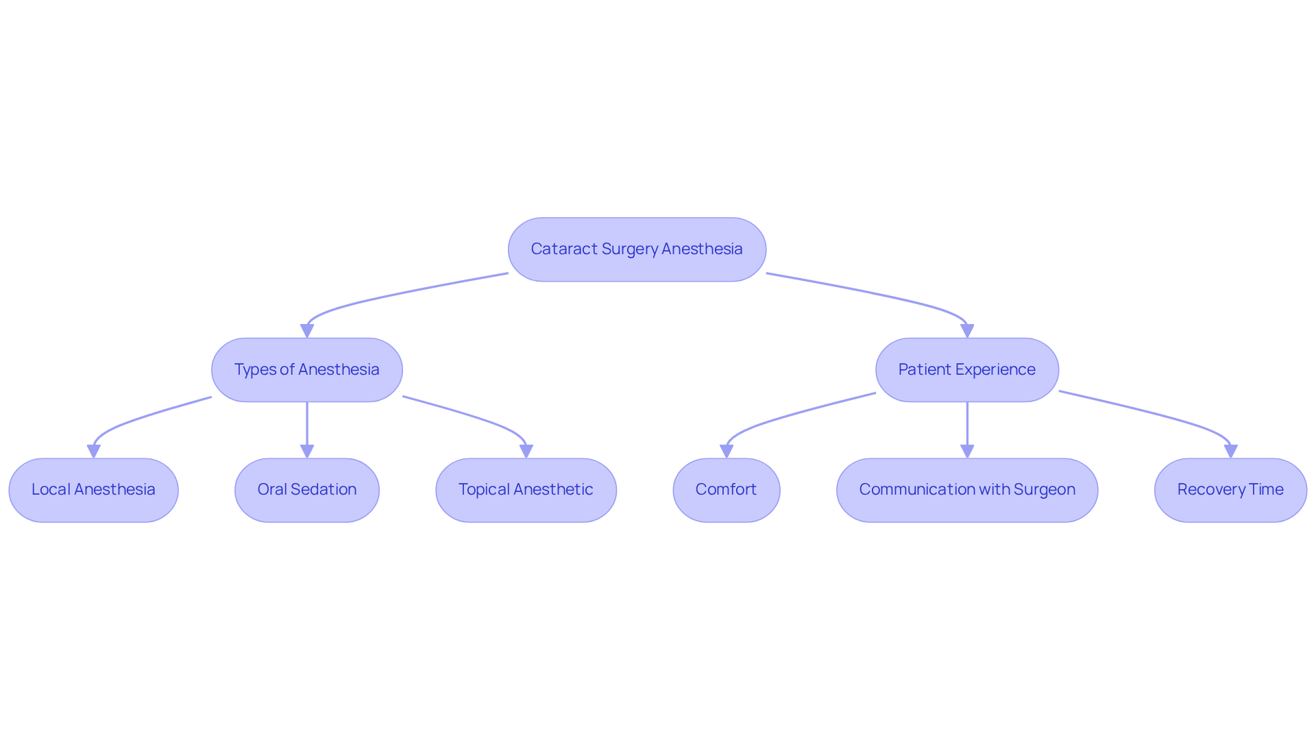 This flowchart guides you through the anesthesia process for cataract surgery. Start at the top with the main topic, then follow the branches to learn about different types of anesthesia and how they contribute to your comfort and recovery during the procedure.