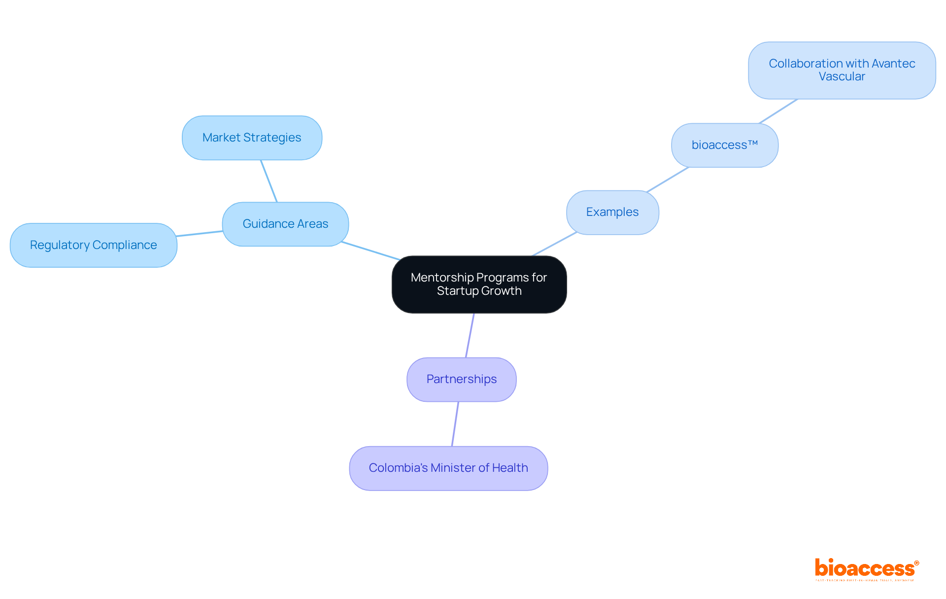 The central node represents the main theme of mentorship programs. Each branch shows different aspects of how these programs help startups, including specific guidance areas and real-world examples of successful collaborations.