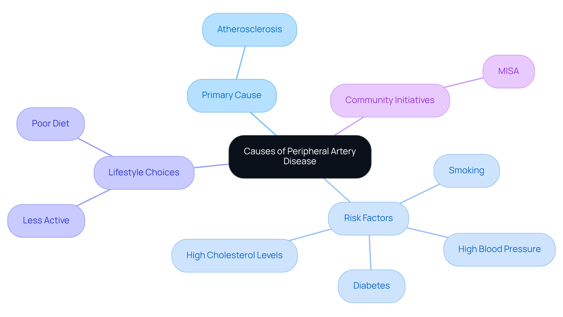 This mindmap starts with the main cause of PAD at the center and branches out to show related risk factors and community initiatives. Each branch represents a different aspect of PAD, helping you see how they connect and contribute to heart health.
