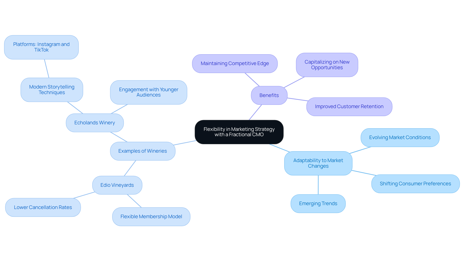 The center represents the main theme of flexibility in marketing. Branches show key areas related to this theme, and sub-branches provide specific examples and benefits, making it easy to see how each part connects back to the central idea. The center represents the main theme of flexibility in marketing. Branches show key areas related to this theme, and sub-branches provide specific examples and benefits, making it easy to see how each part connects back to the central idea.