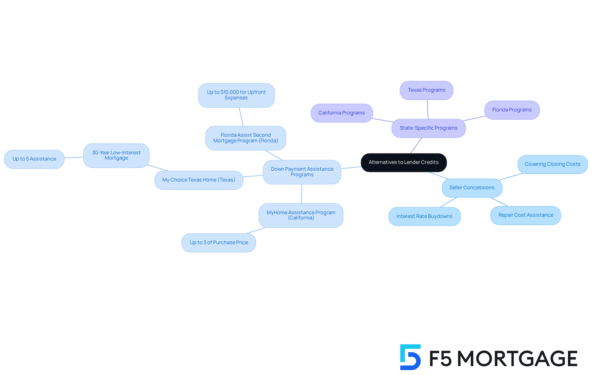 Start in the center with the main topic of financing alternatives. Each branch connects to different options available, helping you see what can ease your home buying process.
